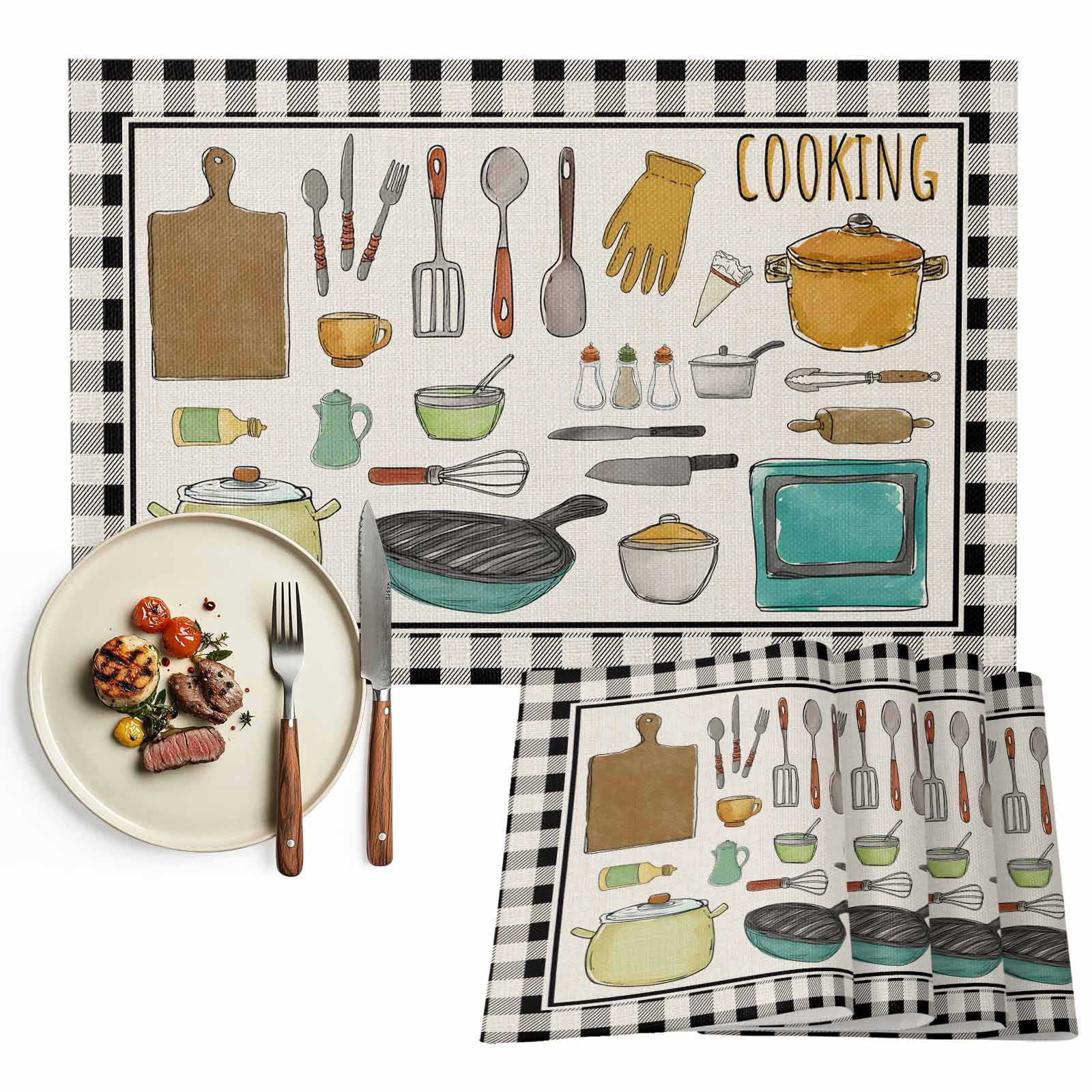 Placemats Set of 6, Cooking Kitchenware Place Mats Kitchen Tool Black ...
