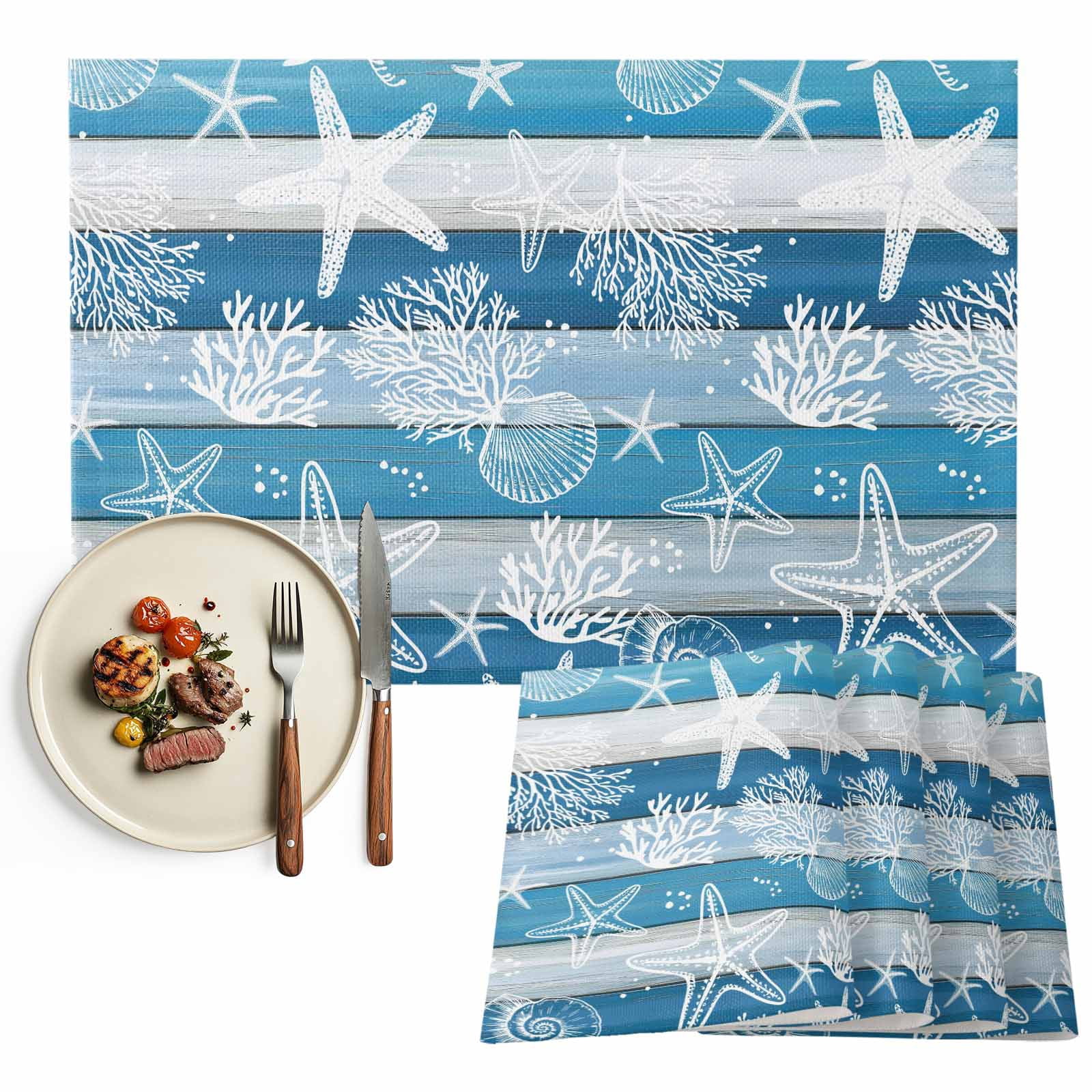 Placemats Set of 6, Coral Starfish Place Mats Ocean Shell Marine Life ...
