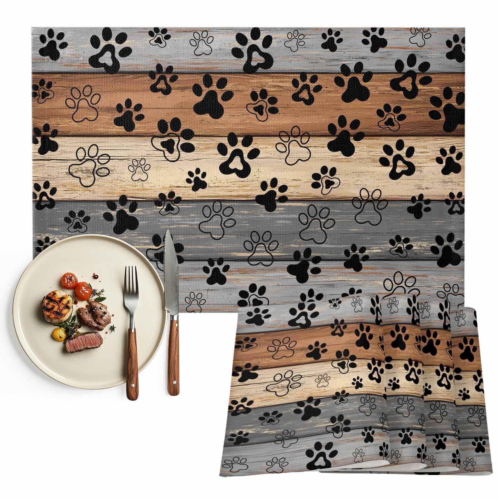 Placemats Set of 6, Dog Paw Print Place Mats Retro Brown G热u Wood Grain ...