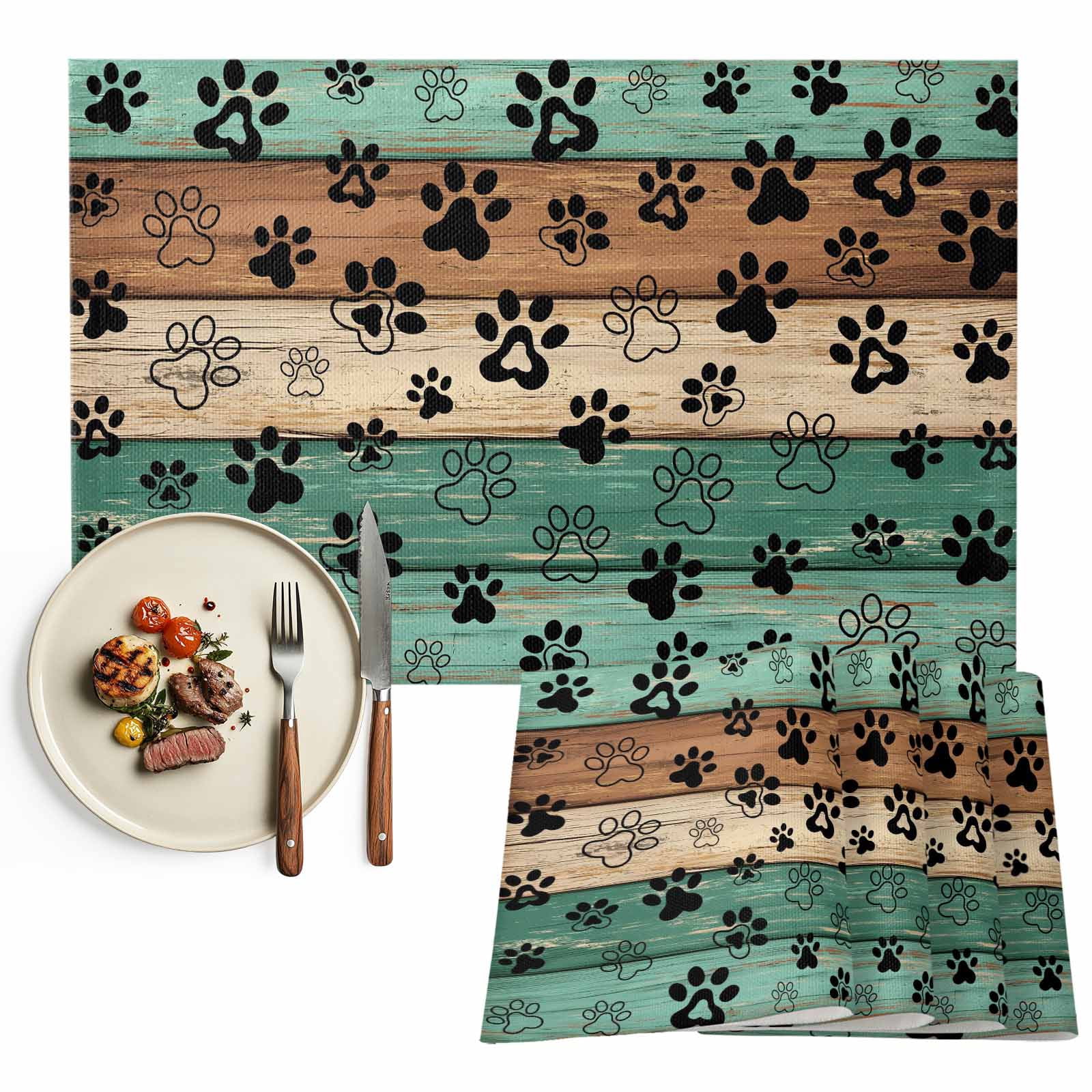 Placemats Set of 6, Dog Paw Print Place Mats Retro Brown Sage Green ...
