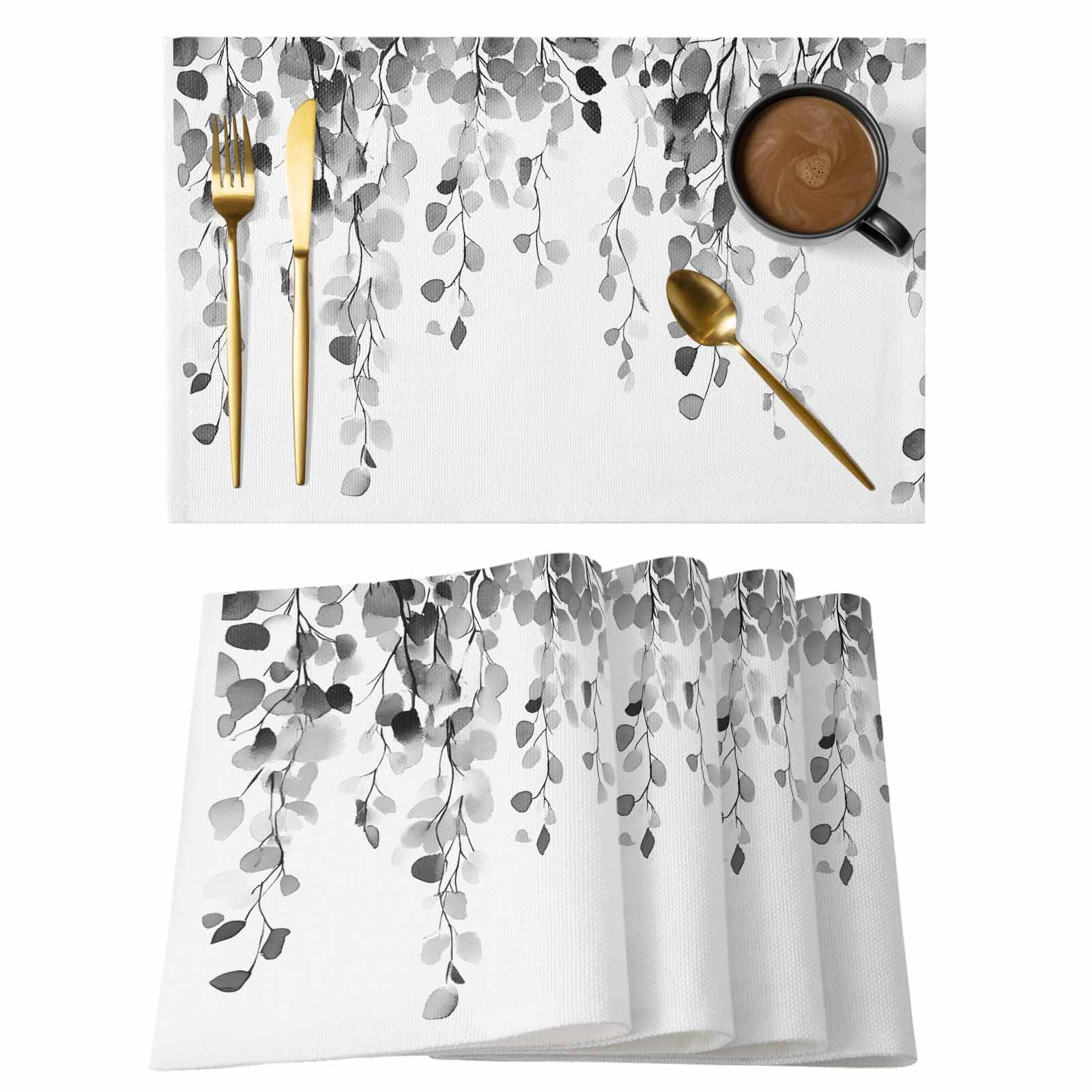 Placemats Set of 6 Eucalyptus Leaves Non-Slip Place Mat Gray Leaf Table ...