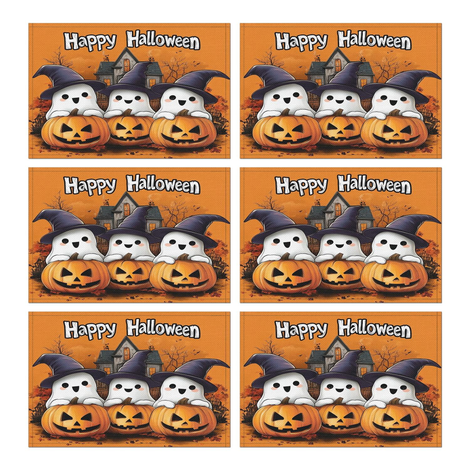 Placemats Set of 6 Evil Pumpkin Witch Bat Spider Spooky Halloween Place ...
