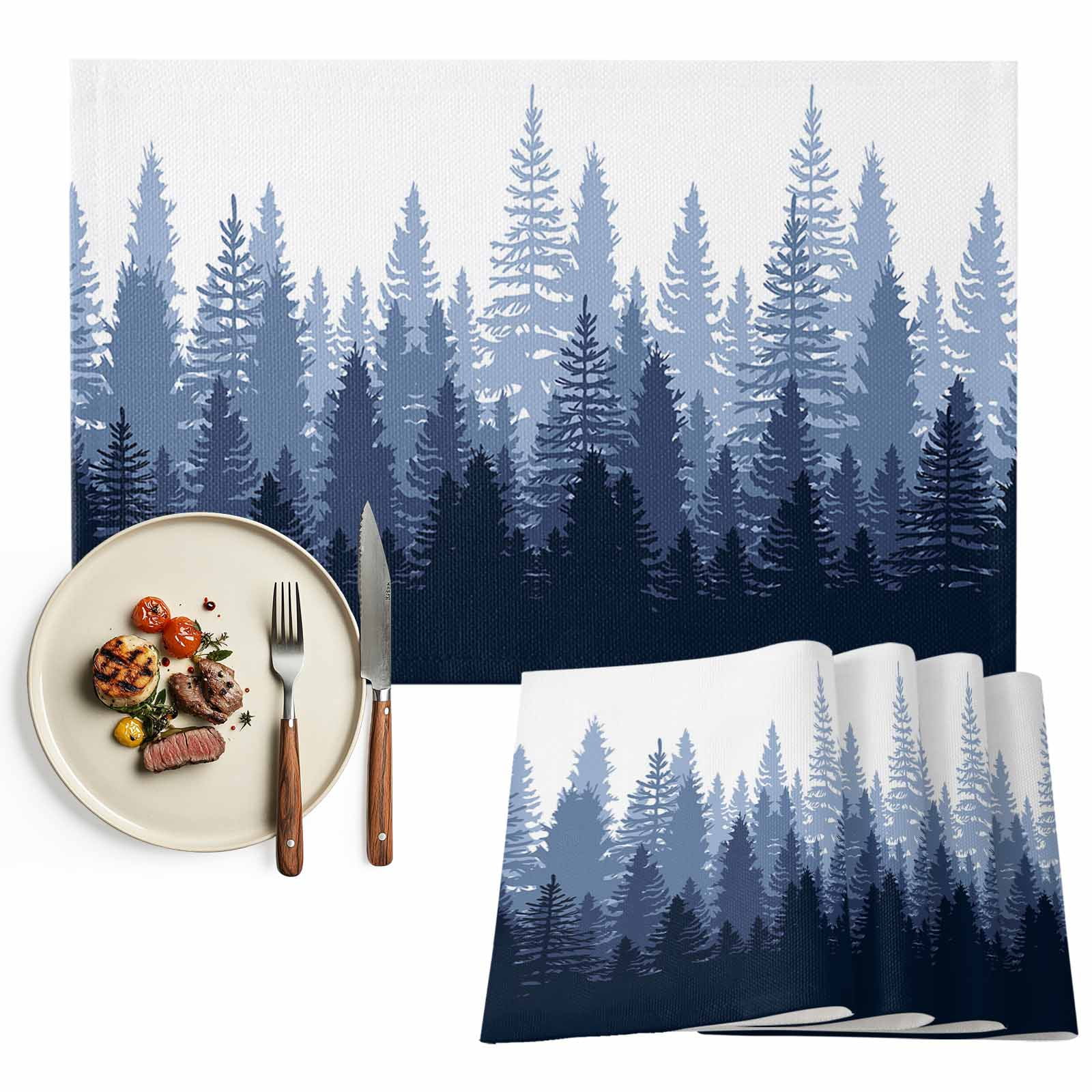Placemats Set of 6, Forest Tree Place Mats Misty Forest Silhouette ...