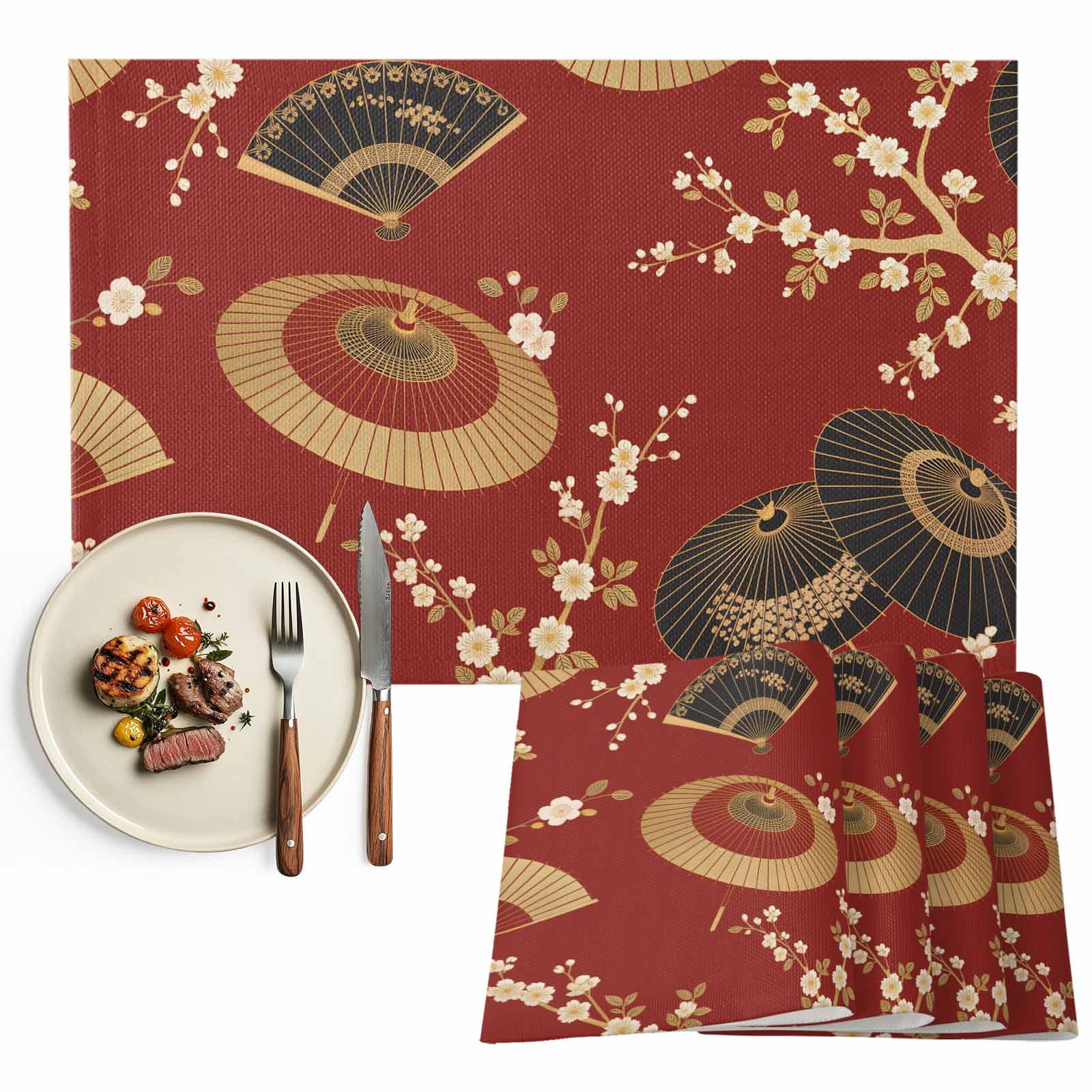 Placemats Set of 6, Golden Paper Fan Place Mats Cherry Blossom Japanese ...