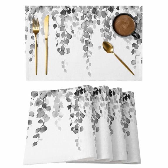 Placemats Set of 6 Gray Leaves Non-Slip Place Mat Eucalyptus Leaf Table ...