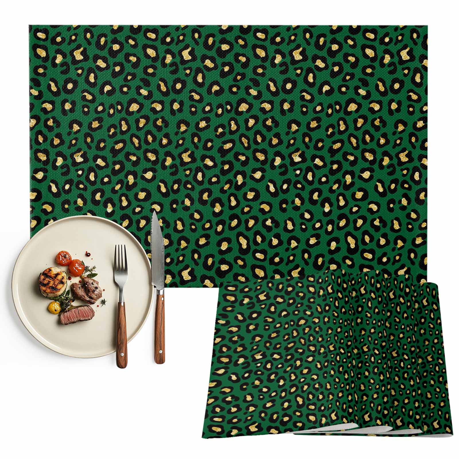 Placemats Set of 6, Green Leopard Print Place Mats Luxury Animal Fur ...