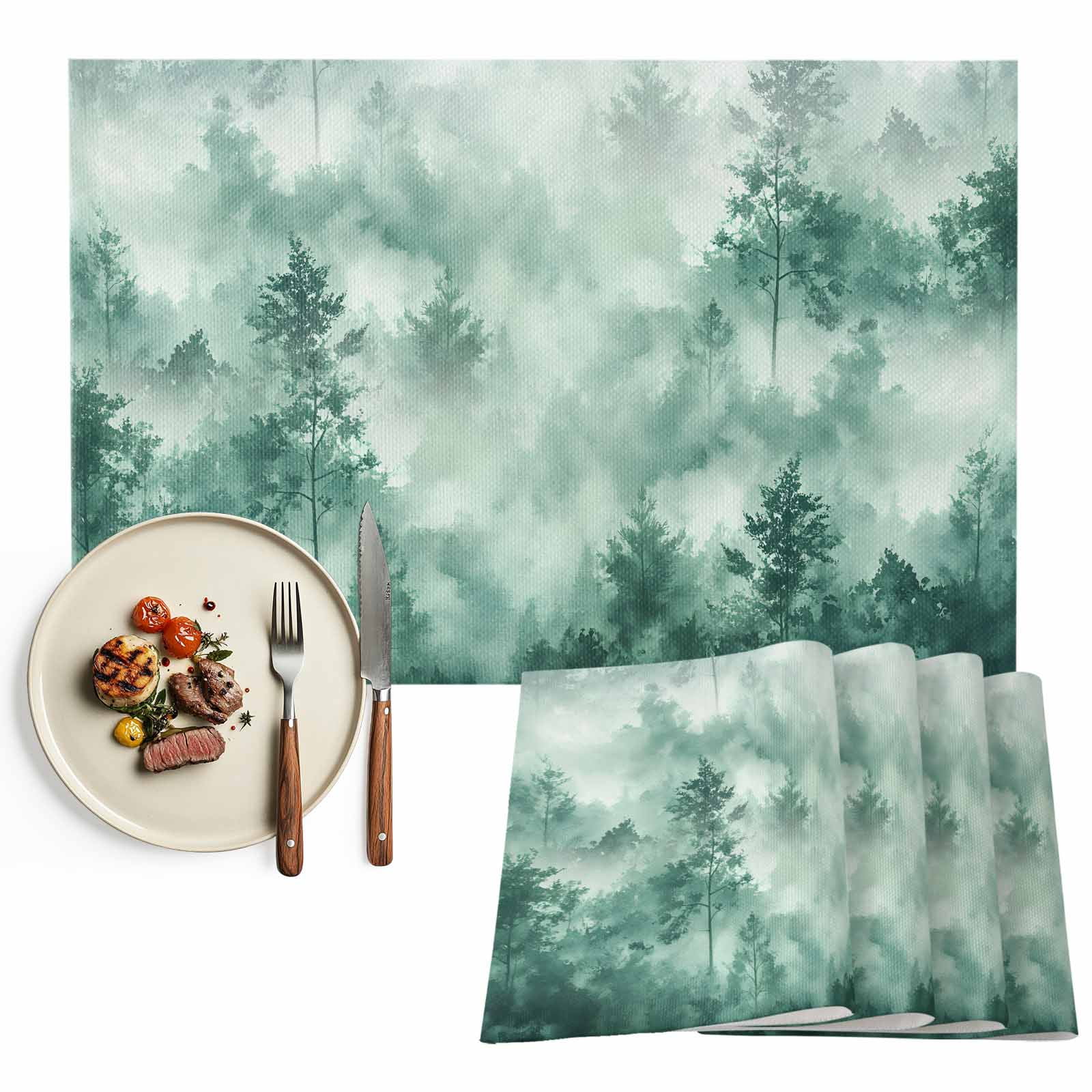 Placemats Set of 6, Green Mist Forest Place Mats Ombre Tree Tablemats ...