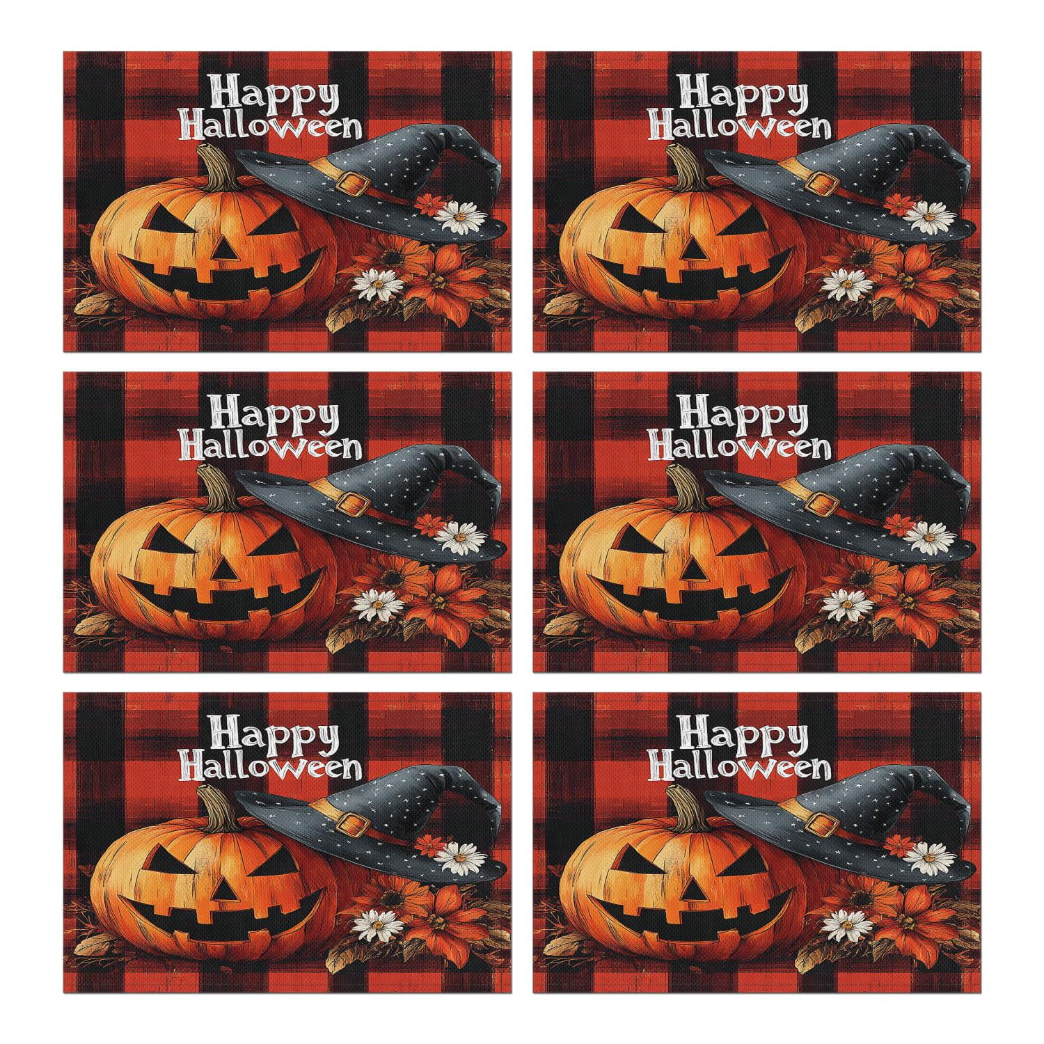 Placemats Set of 6 Halloween Orange Pumpkin Witch Bat Spider Table Mat Durable No Slip Table ...