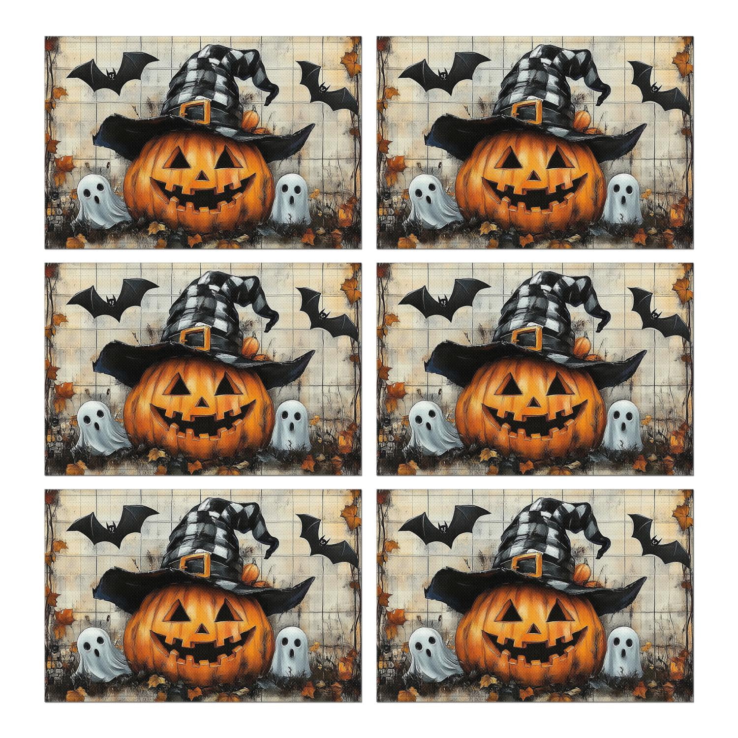 Placemats Set of 6 Happy Halloween Pumpkin Bat Spider Ghost Table Mat ...