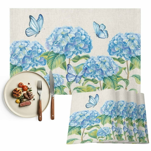 Placemats Set of 6, Hydrangea Flower Place Mats Summer Blue Butterfly ...