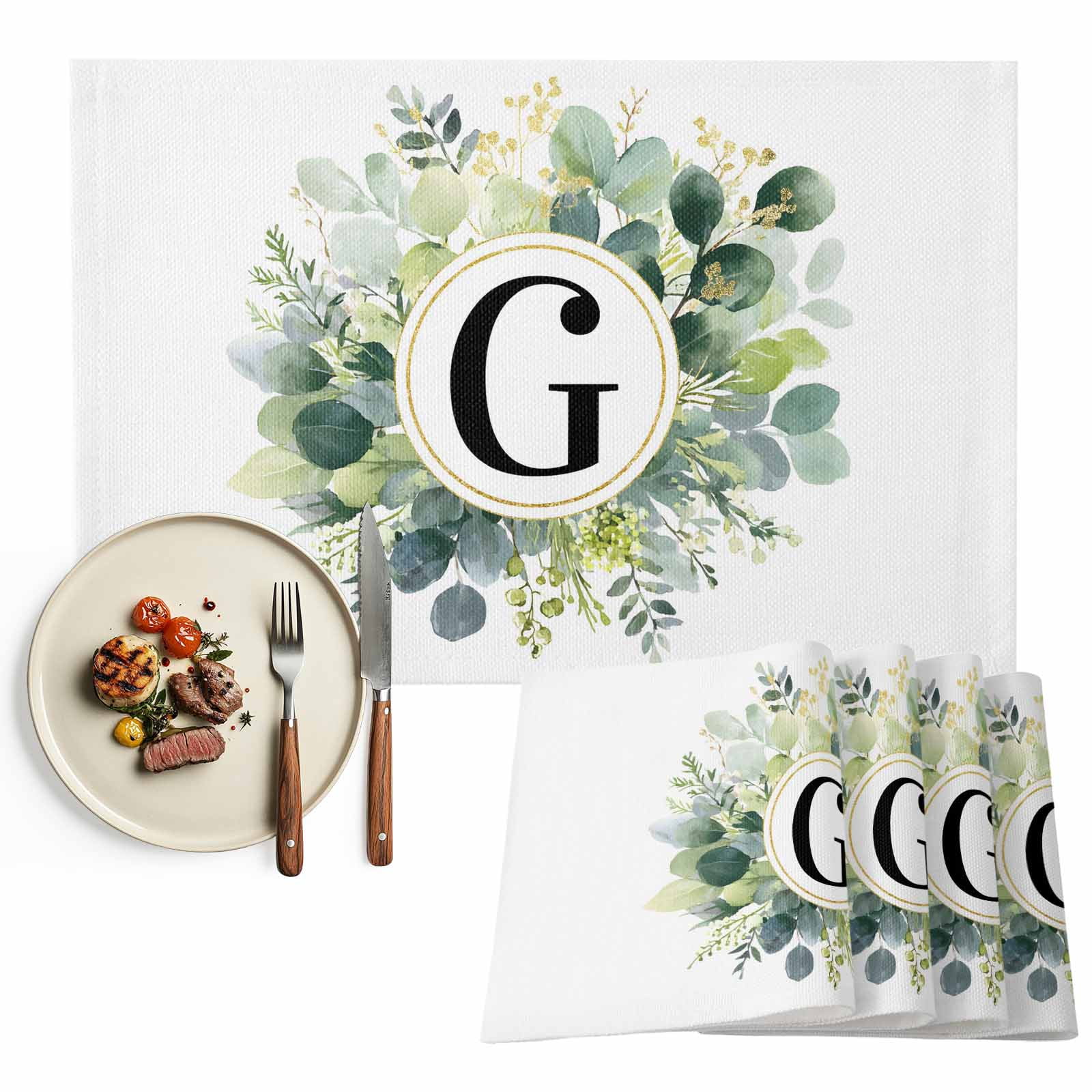 Placemats Set of 6, Letter G Place Mats Alphabet Green Eucalyptus ...