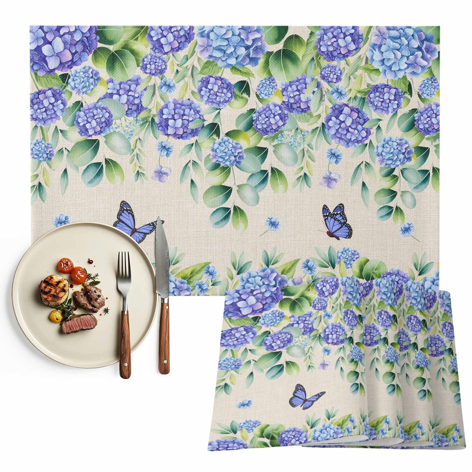 Placemats Set of 6, Purple Hydrangea Place Mats Butterfly Eucalyptus ...