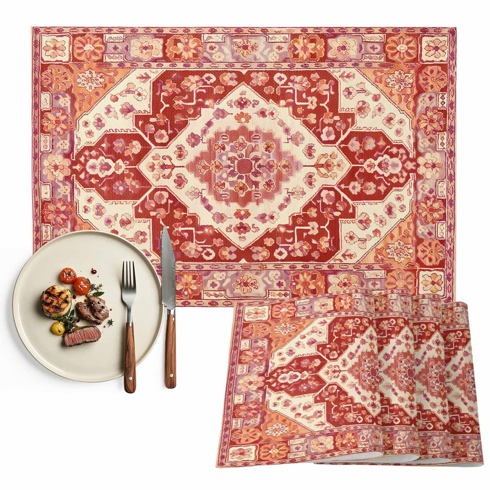 Placemats Set of 6, Red Bohemian Place Mats Retro Flower Medieval Mural ...