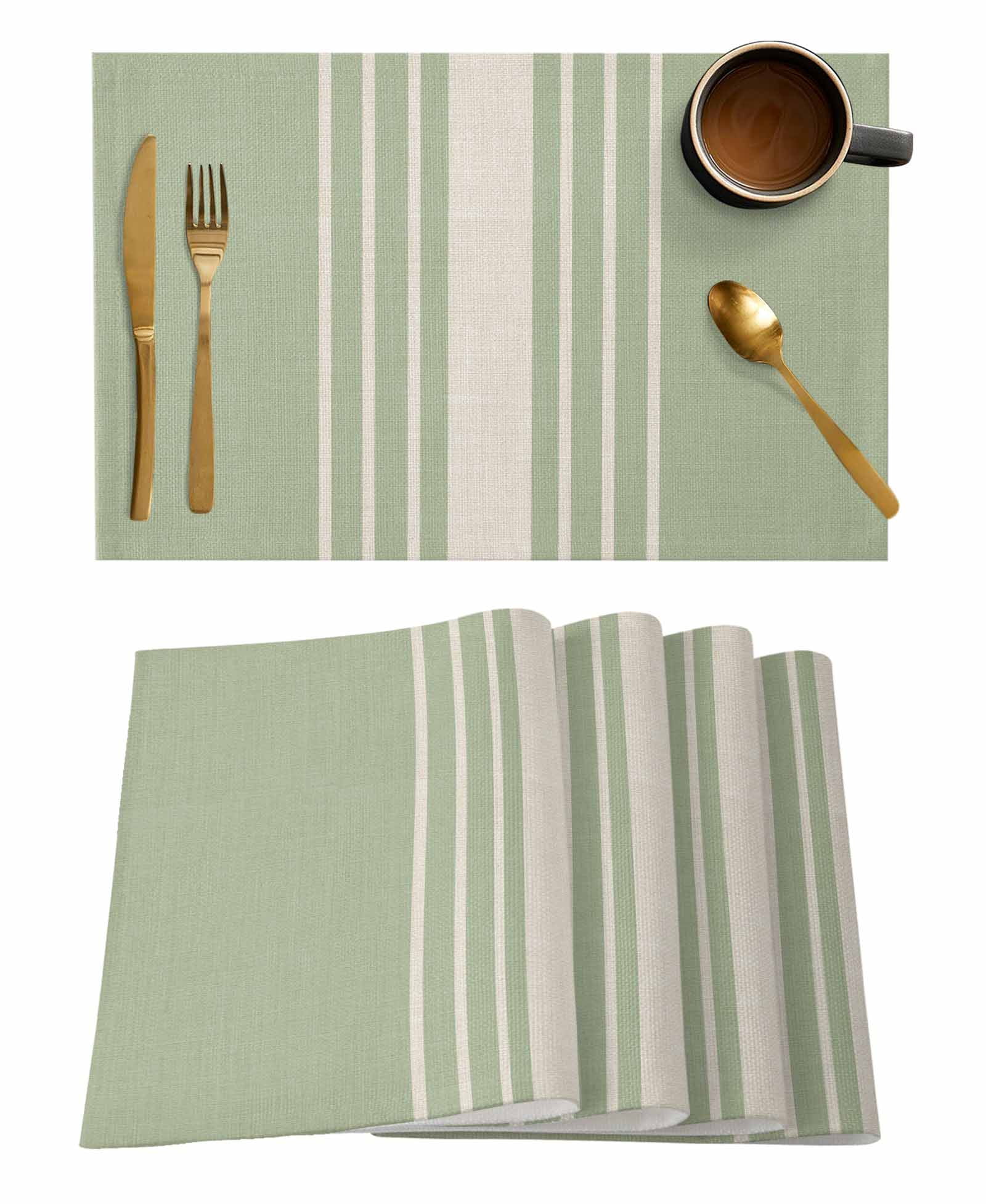 Placemats Set of 6, Sage Green Beige Striped Woven Placemat, Linen ...