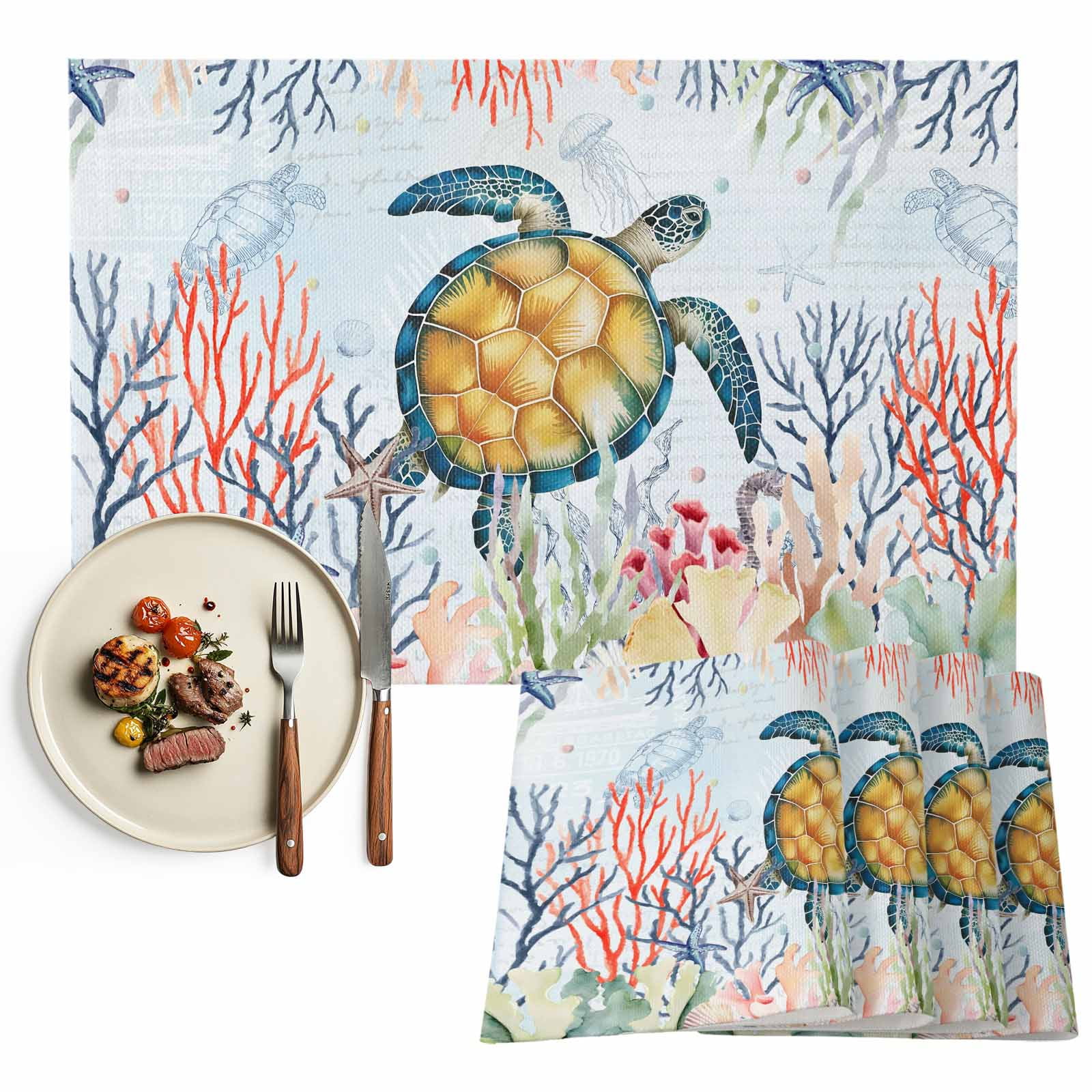 Placemats Set of 6, Sea Turtle Place Mats Ocean Marine Life Starfish ...