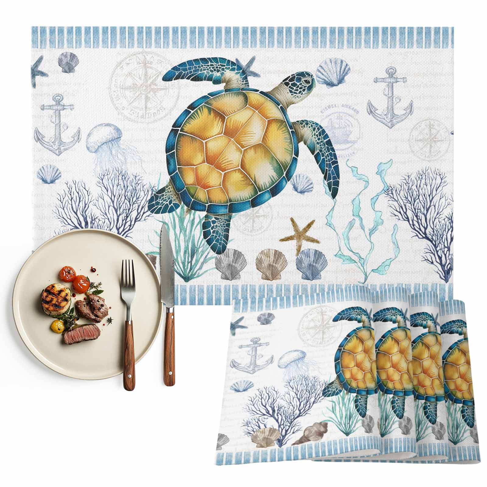 Placemats Set of 6, Sea Turtle Place Mats Ocean Starfish Shell Seagrass ...