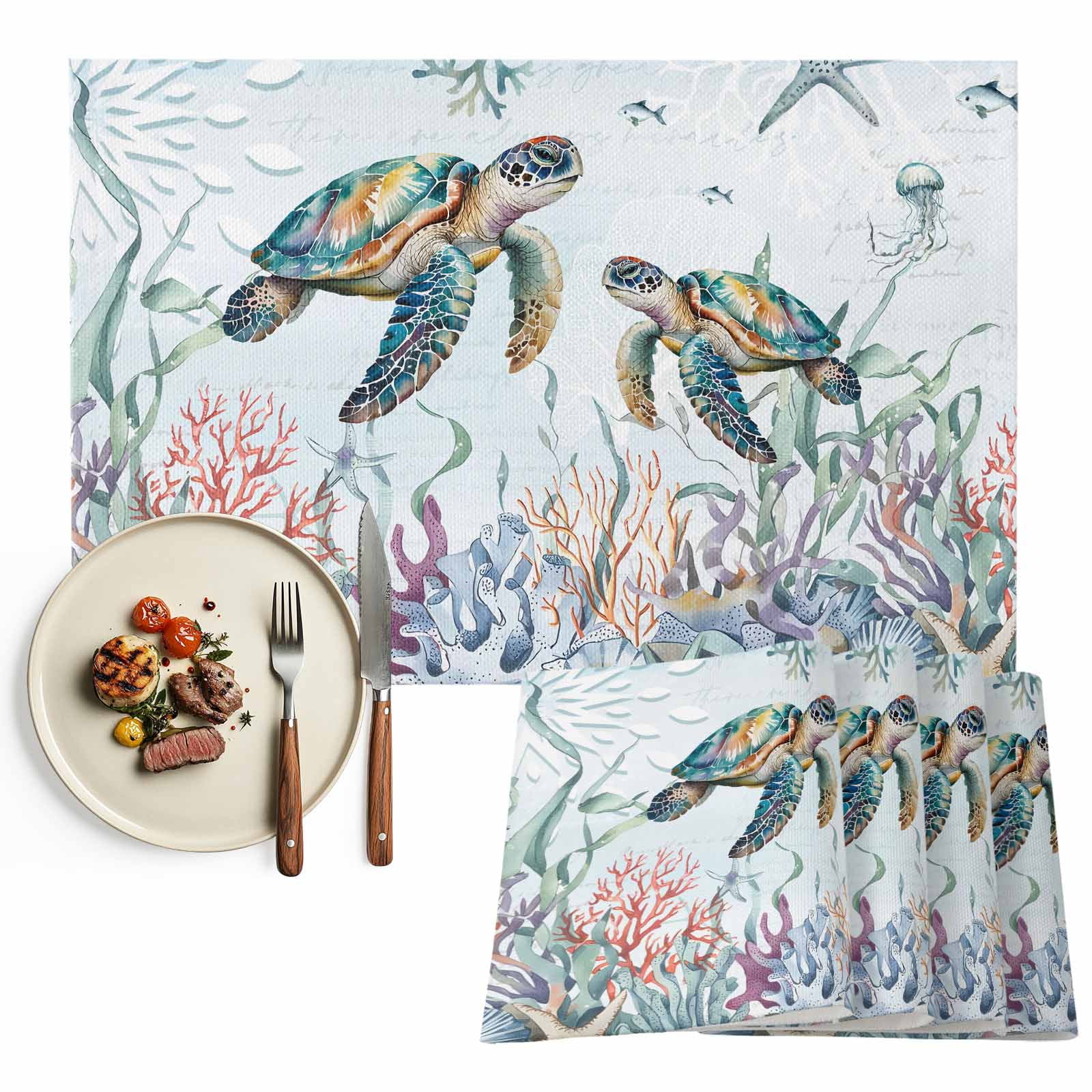 Placemats Set of 6, Sea Turtles Place Mats Ocean Fish Coral Seagrass ...