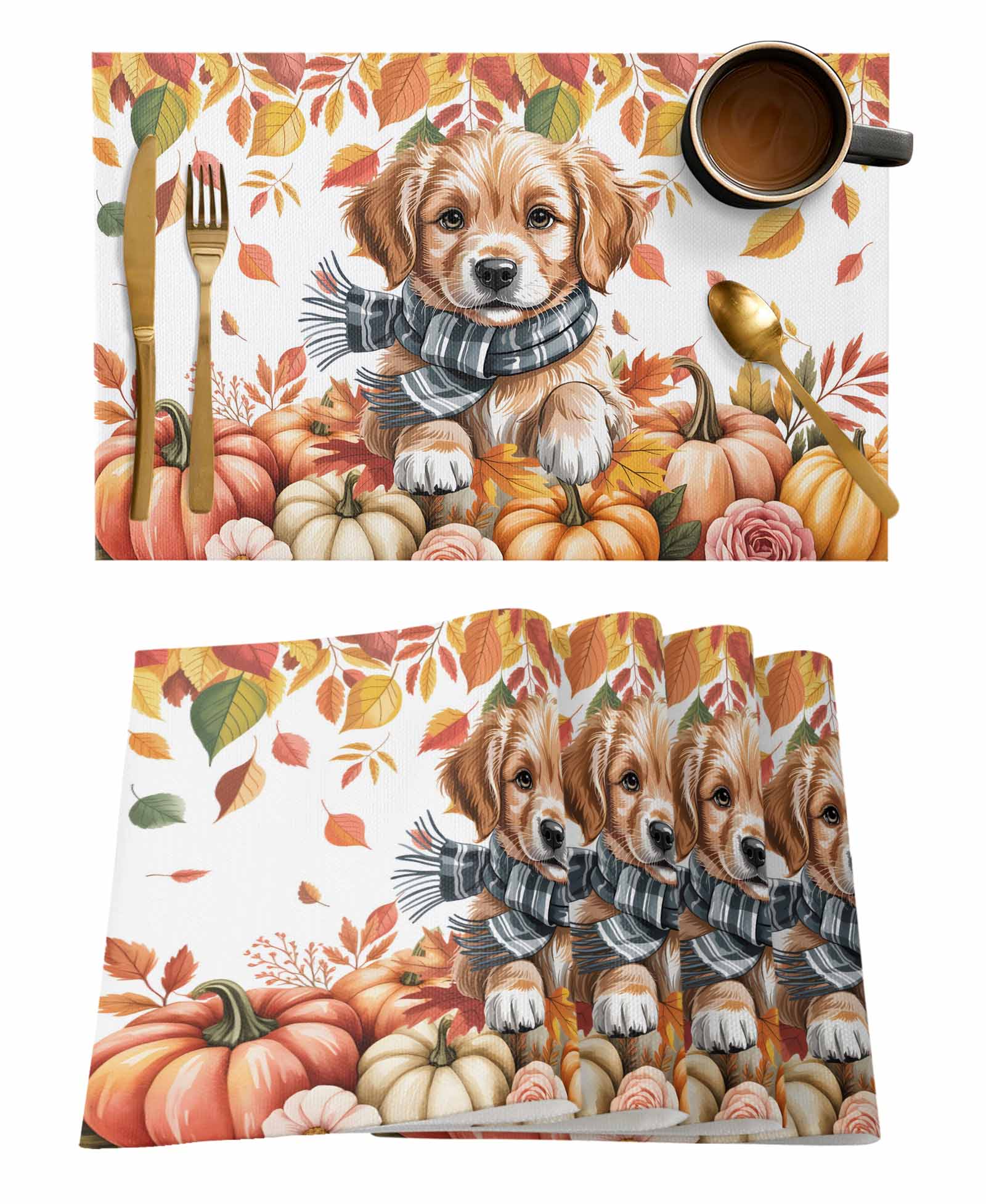 Placemats Set of 6, Thanksgiving Dog Pumpkin Leaves Floral Watercolor ...