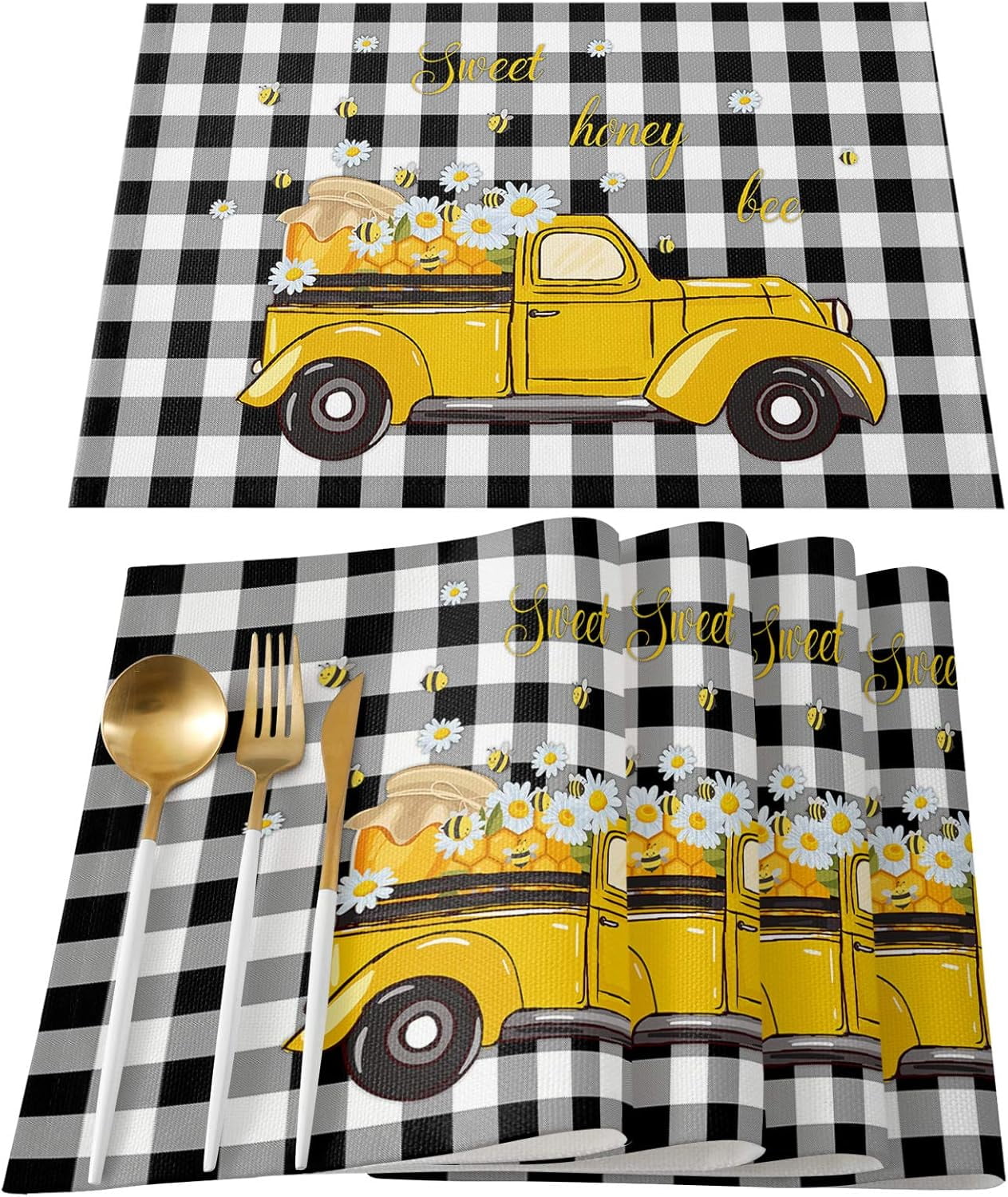 Placemats Set of 6 Washable,Sweet Honey Bee Placemat for Dining Table ...
