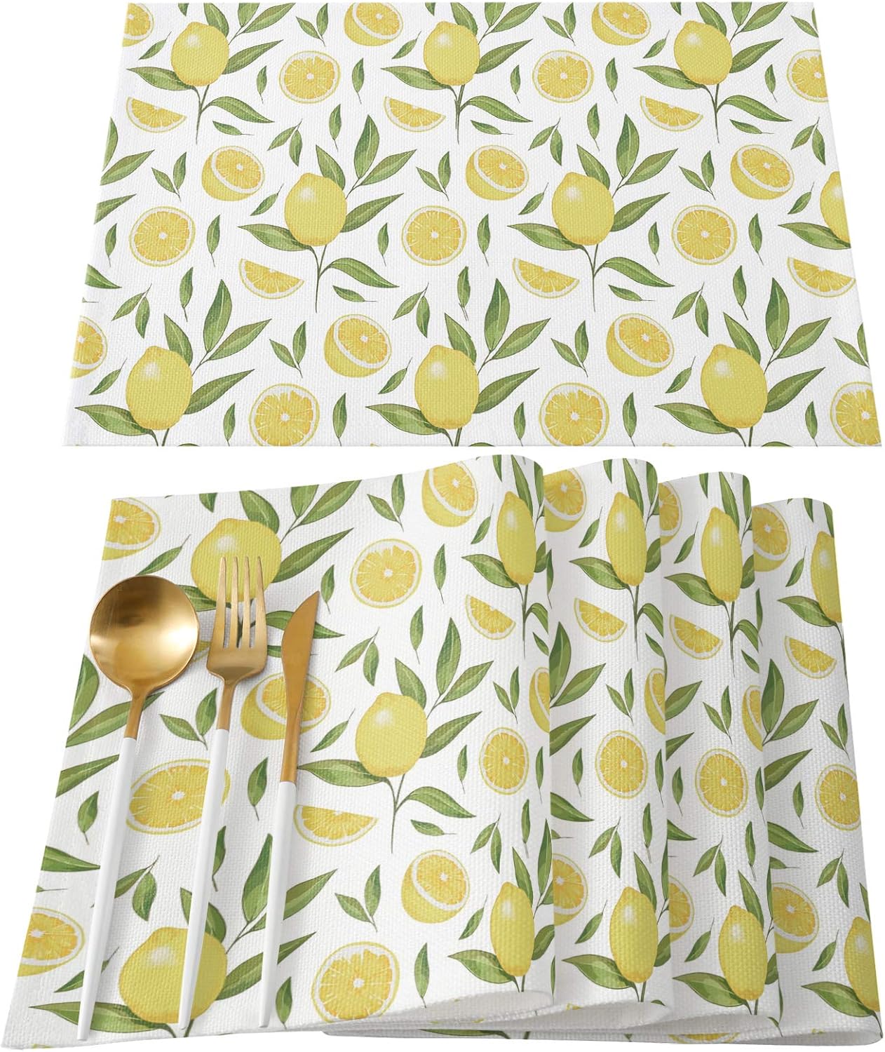 Placemats Set of 6 Washable,Yellow Lemons Natural Fruit Green Leaves ...