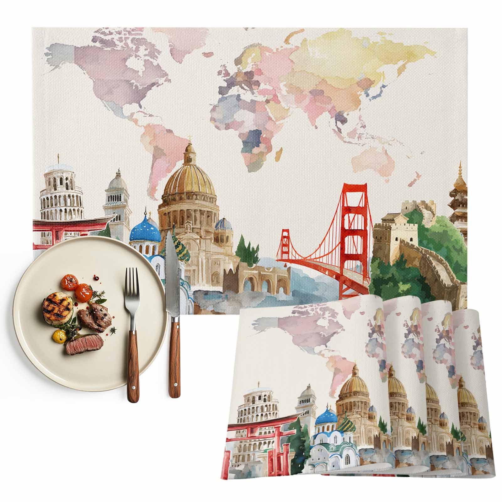 Placemats Set of 6, World Map Place Mats Famous Building Tourism Bridge ...