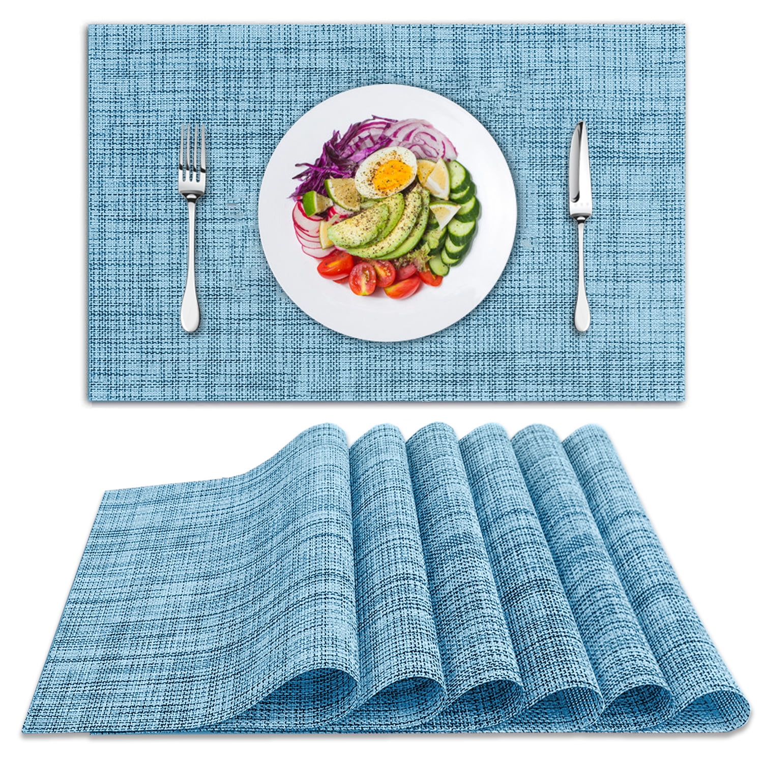 Set of 6 Blue Placemats, Washable, Non-Slip, Heat-Resistant, Stain ...