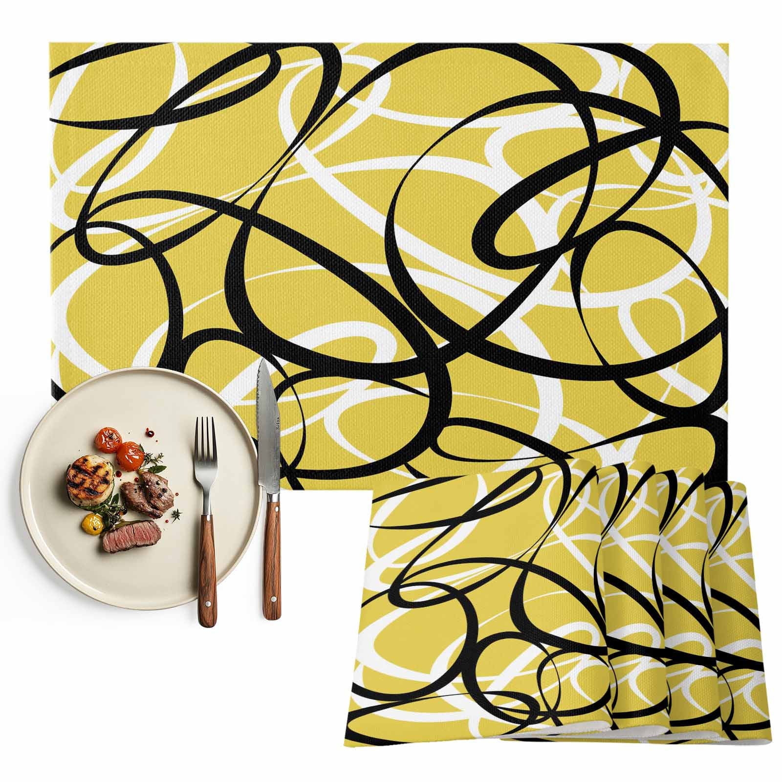 Placemats Set of 6, Yellow Black Circle Lines Place Mats Stripe Modern ...