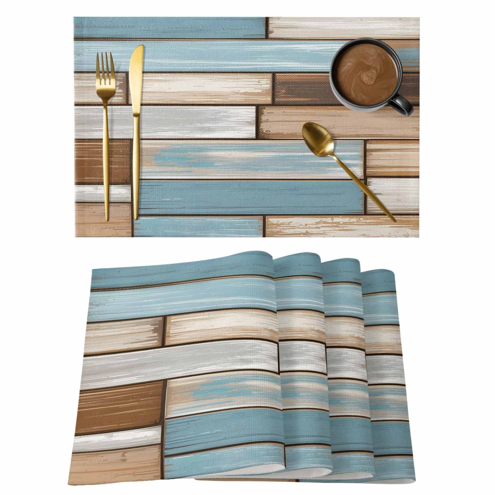 Placemats Set of 8, Blue Beige Brown Vintage Woven Placemat, Linen ...