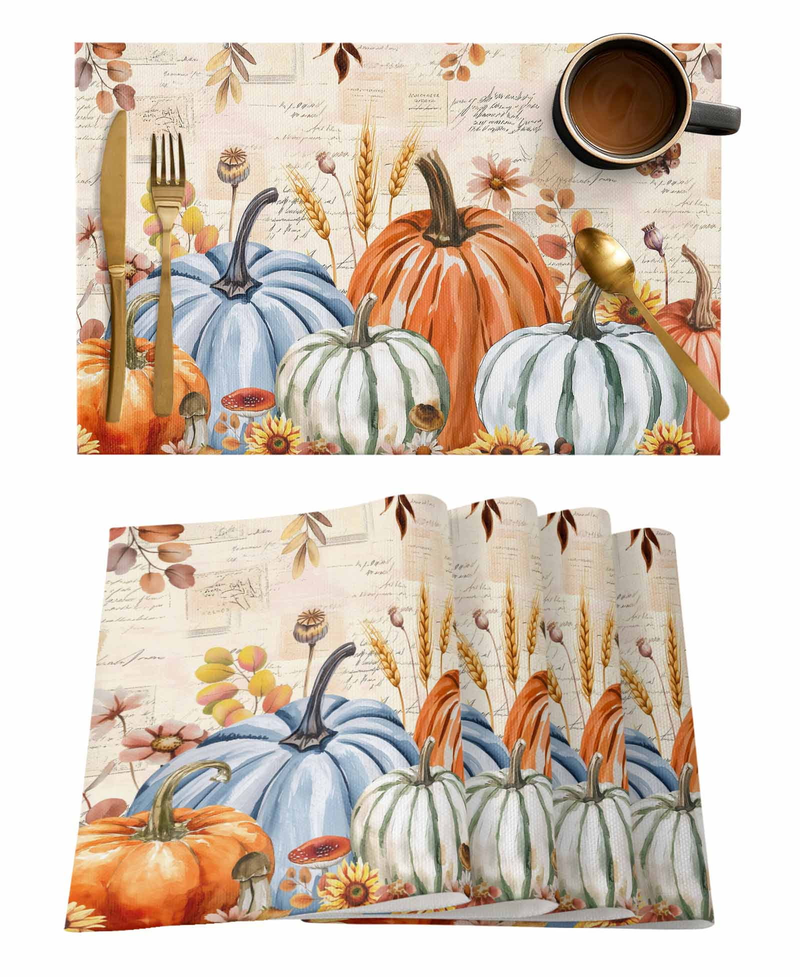 Placemats Set of 8, Fall Pumpkin Orange Blue Autumn Leaves Retro ...
