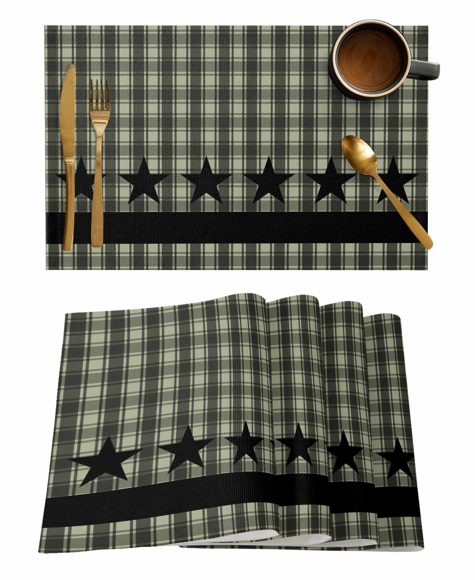 Placemats Set of 8, Sage Green Black Plaid Woven Placemat, Linen Place ...