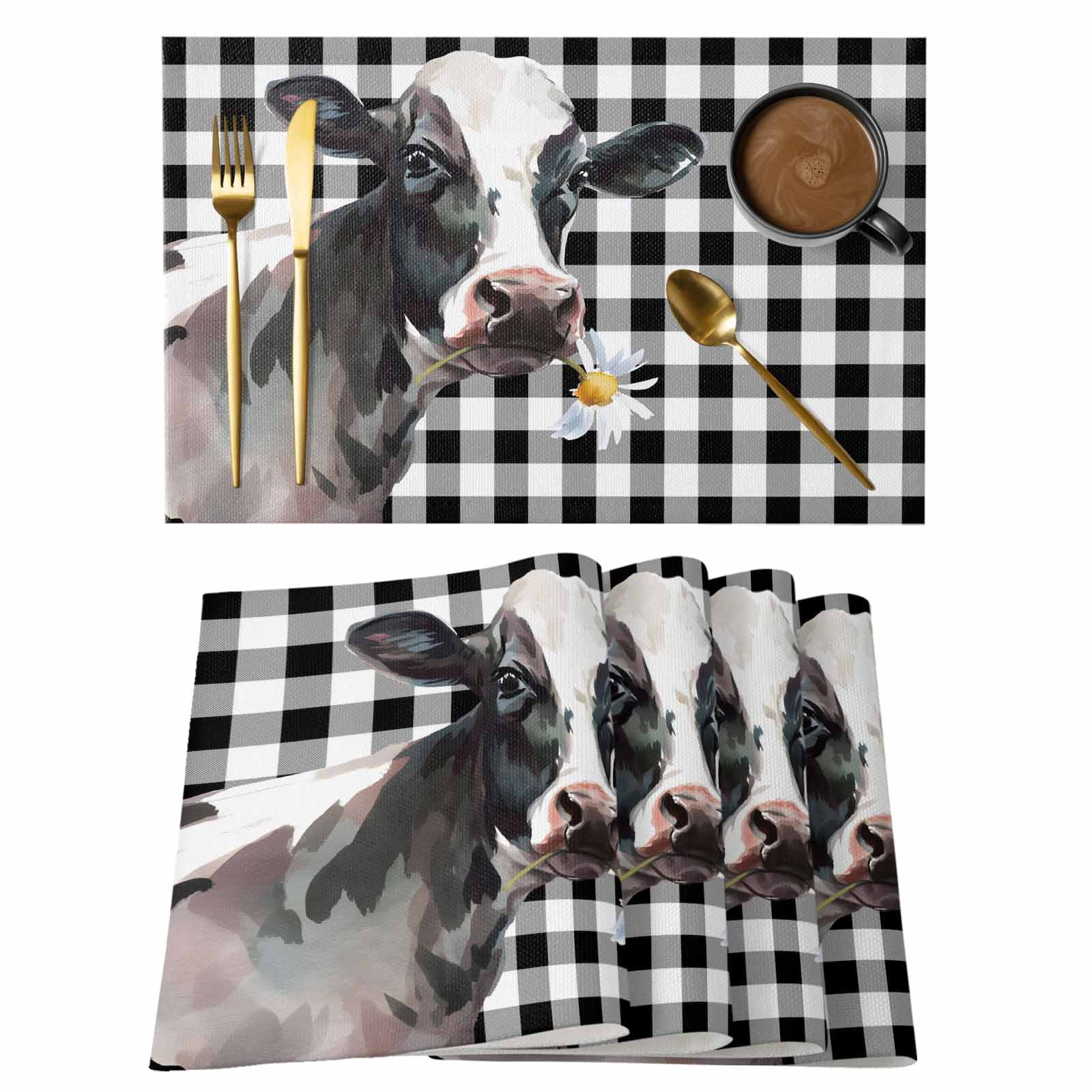 Placemats Set of 8, Watercolor Cow Woven Placemat, Linen Place Mats for ...