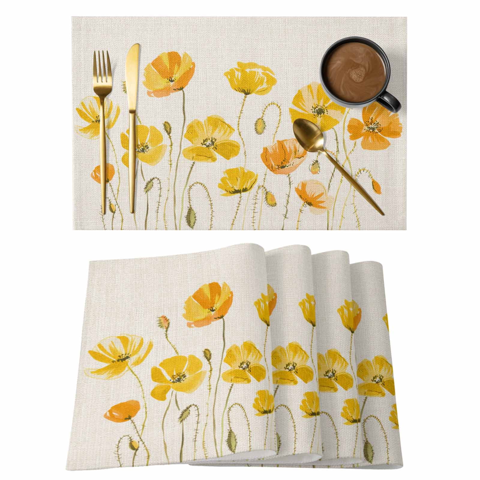 Placemats Set of 8, Yellow Flowers Woven Placemat, Linen Place Mats for ...