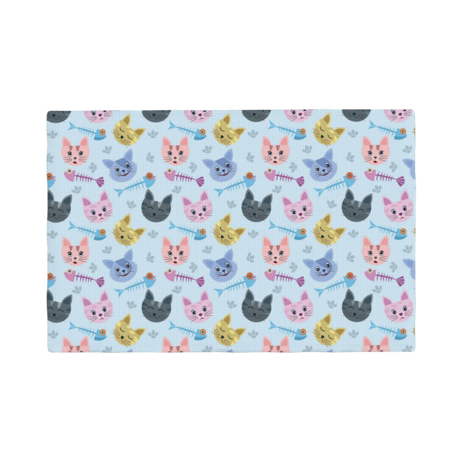 Placemats Set Of 6/4 - Artistic Cute Cartoon Cat Fishbone Washable Heat ...