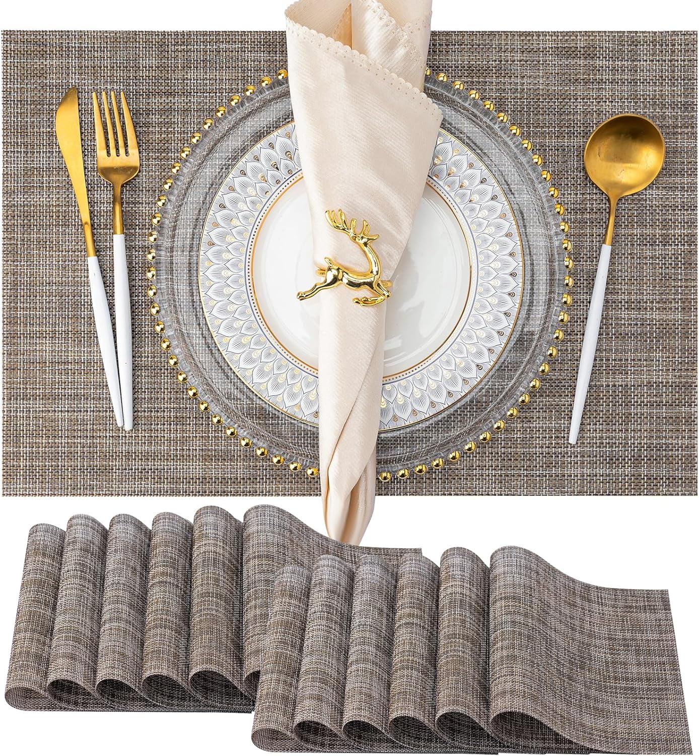 Placemats Set of 12 Washable Indoor/Outdoor Vinyl Place Mats for Dining ...