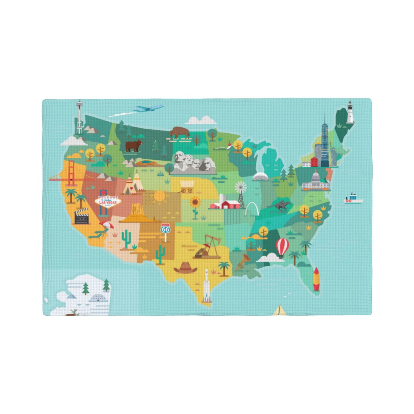 Placemats Set of 4 / 6, USA Tourist Map Famous Landmarks Placemats for ...