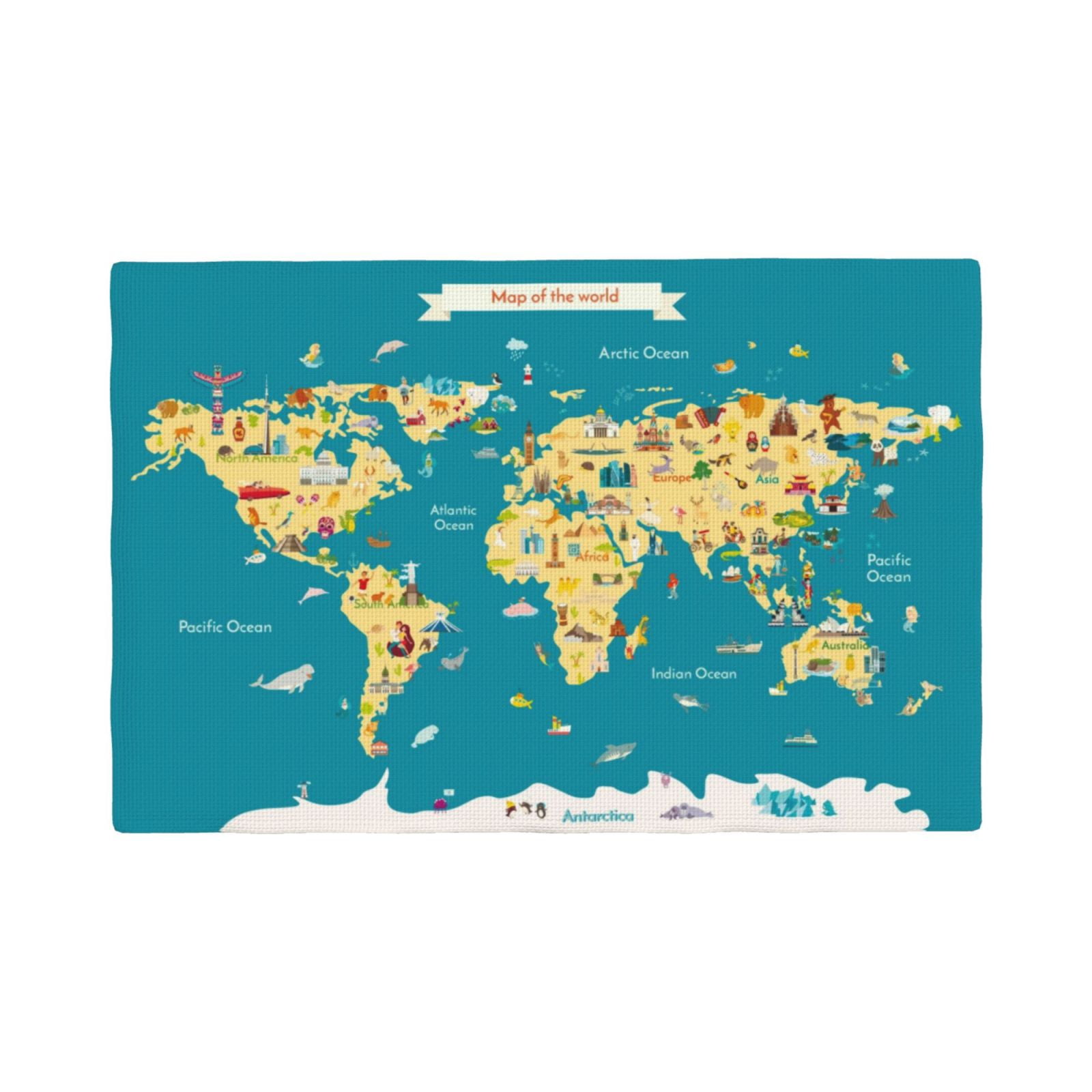Placemats Set of 4 / 6, World Map With Landmarks Placemats for Dining ...