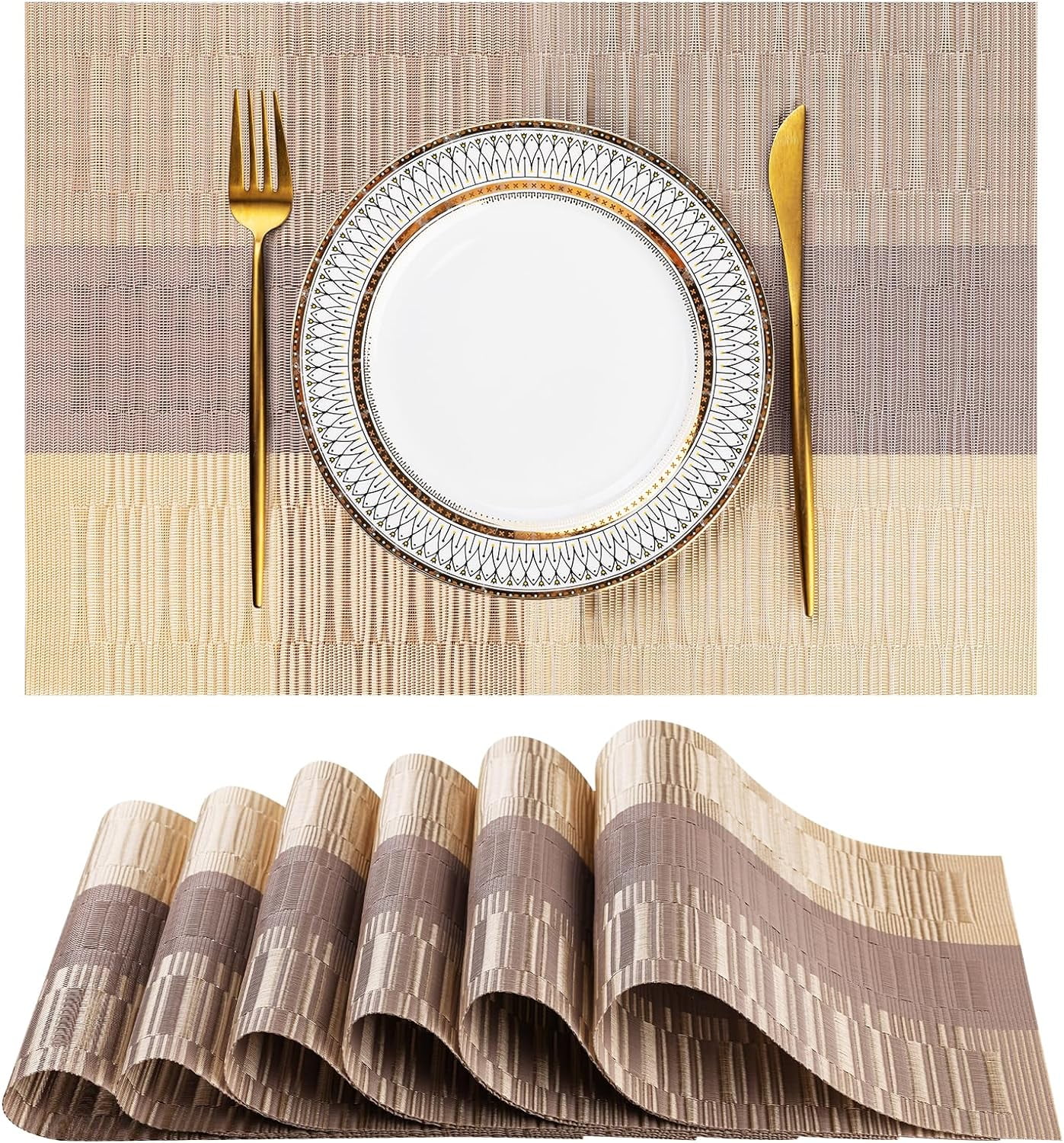 Placemats Set of 6 Washable Indoor/Outdoor Vinyl Place Mats for Dining ...