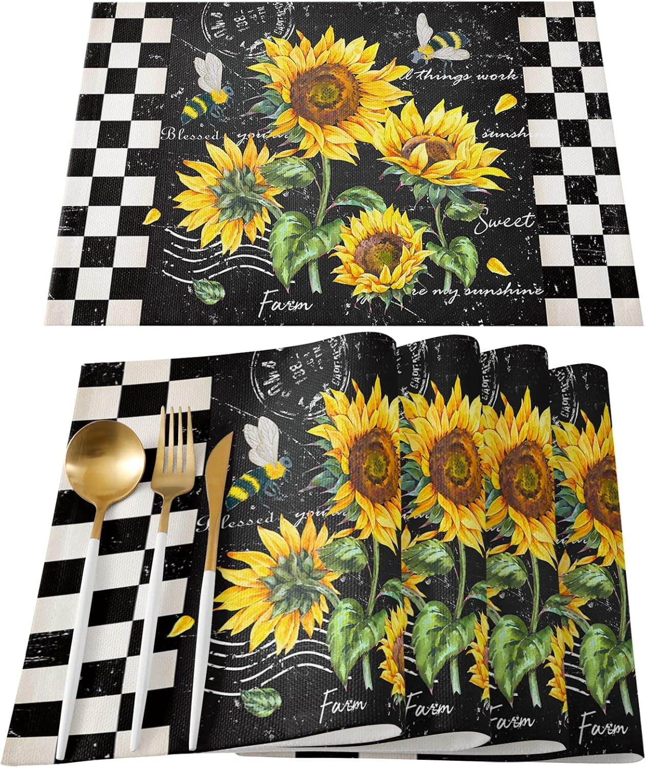 Placemats Sunflower Bees Place Mats for Dining Room Dinner Table Black ...