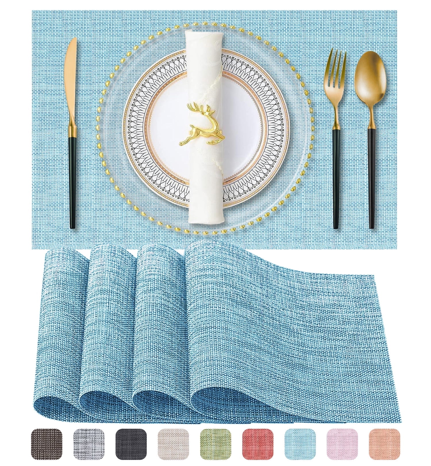 Heat Resistant Blue Woven Cross Weave Placemats, PVC Kitchen Mats, Set ...