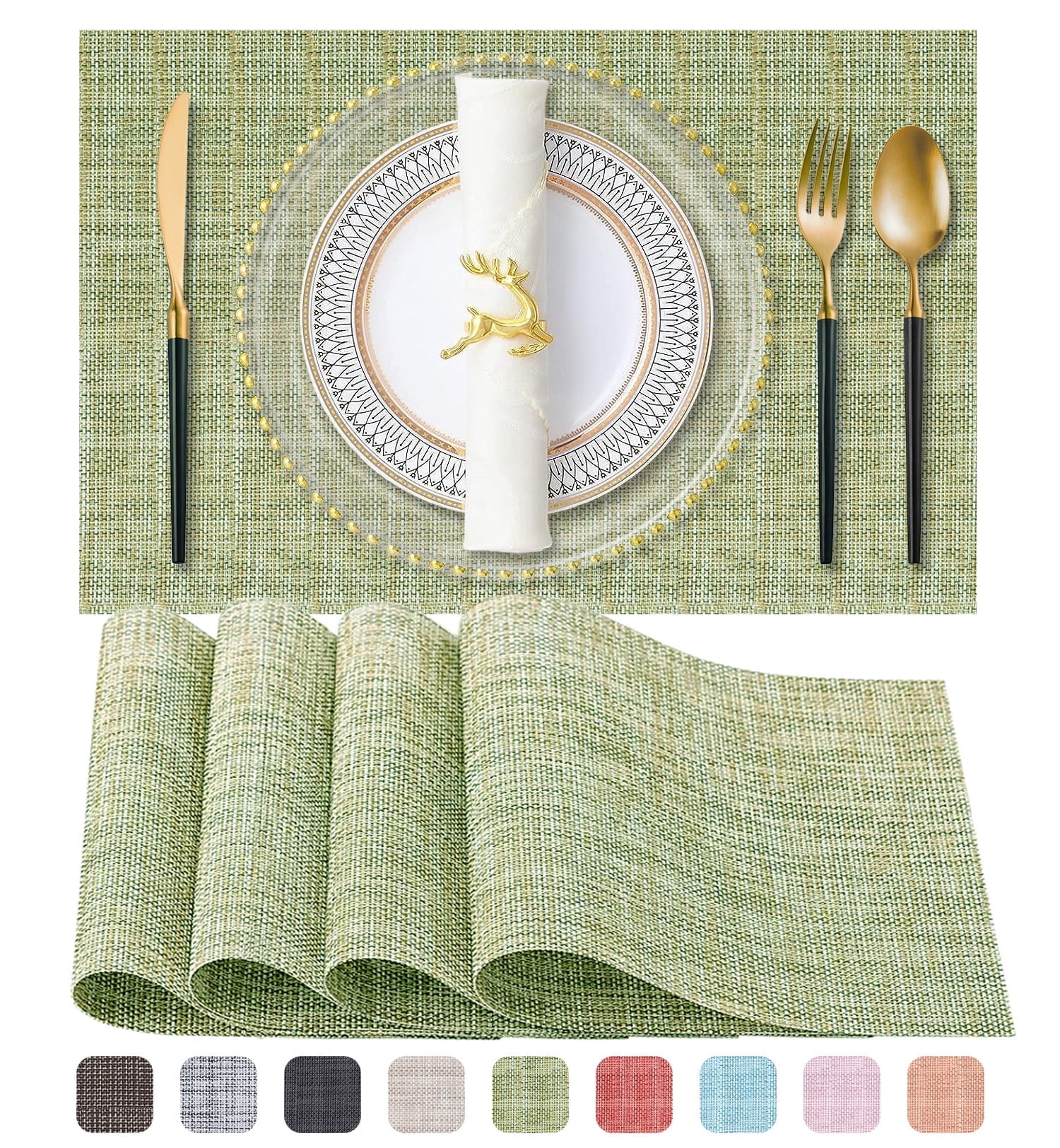 Heat Resistant Green Placemats, Woven Cross Weave PVC Vinyl Kitchen ...