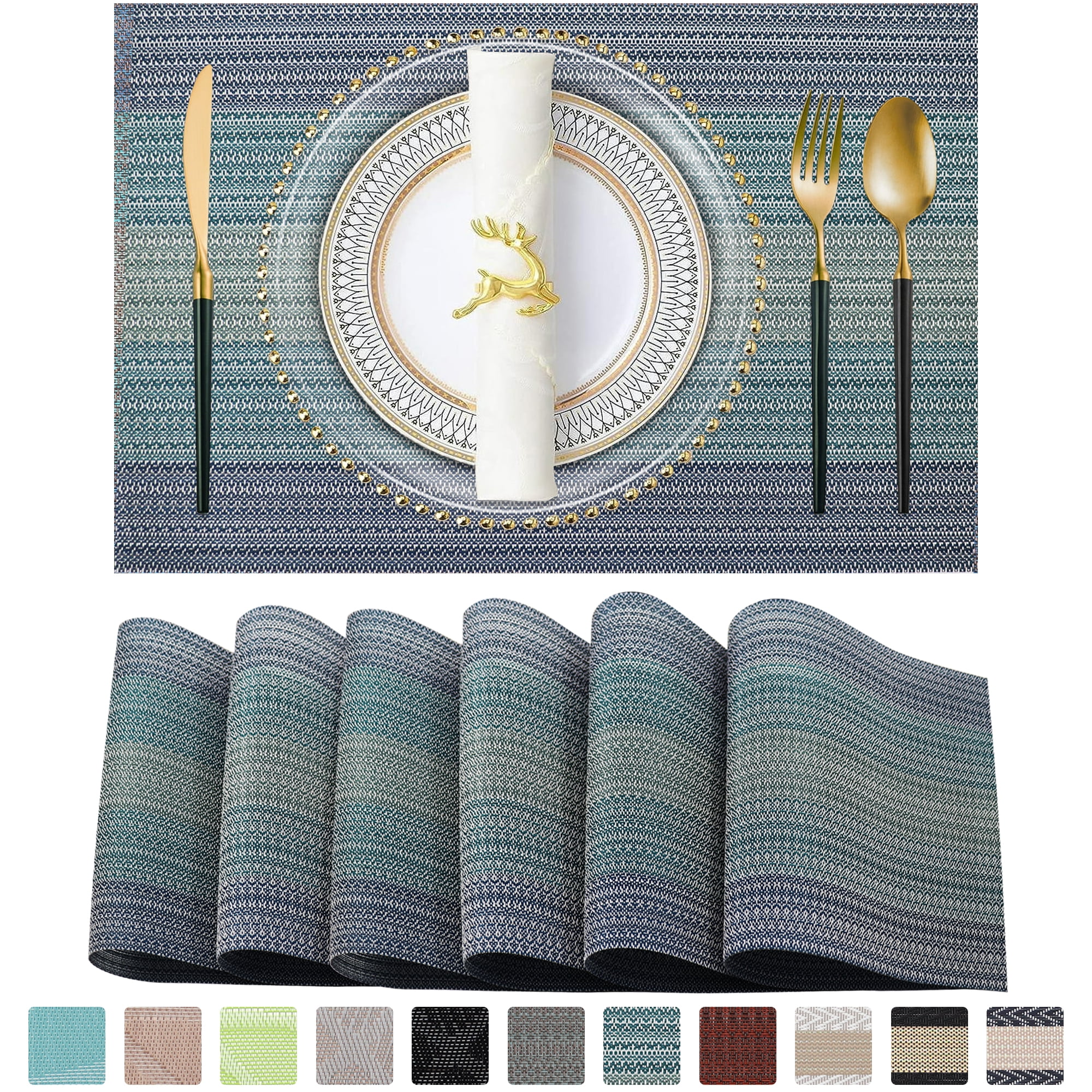 "Evlmd Placemats, Woven Vinyl Table Mats Set of 6, Light Blue Gradient ...