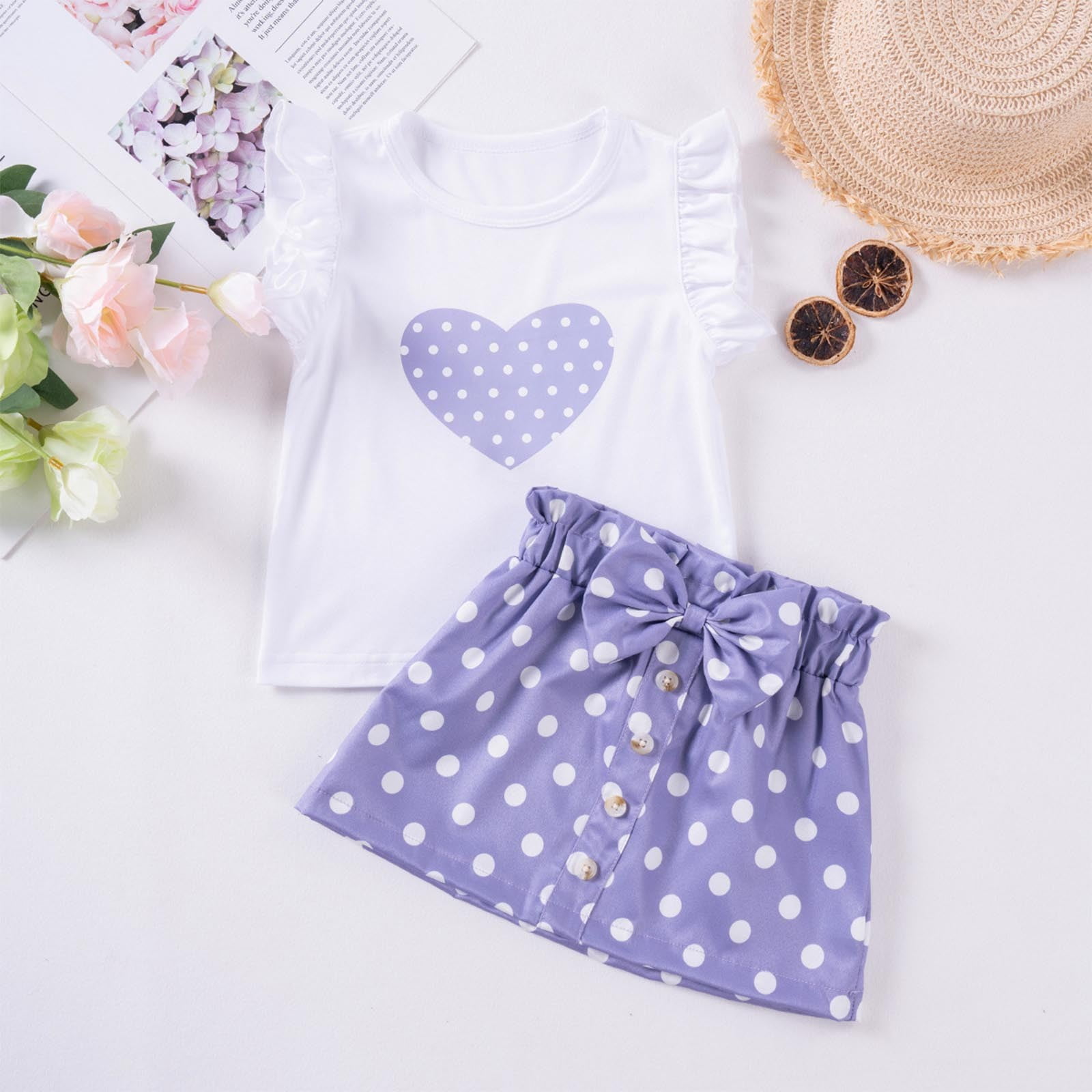 Placlothes Cute Purple Cotton Two Piece Skirt Outfits for Little Girls ...