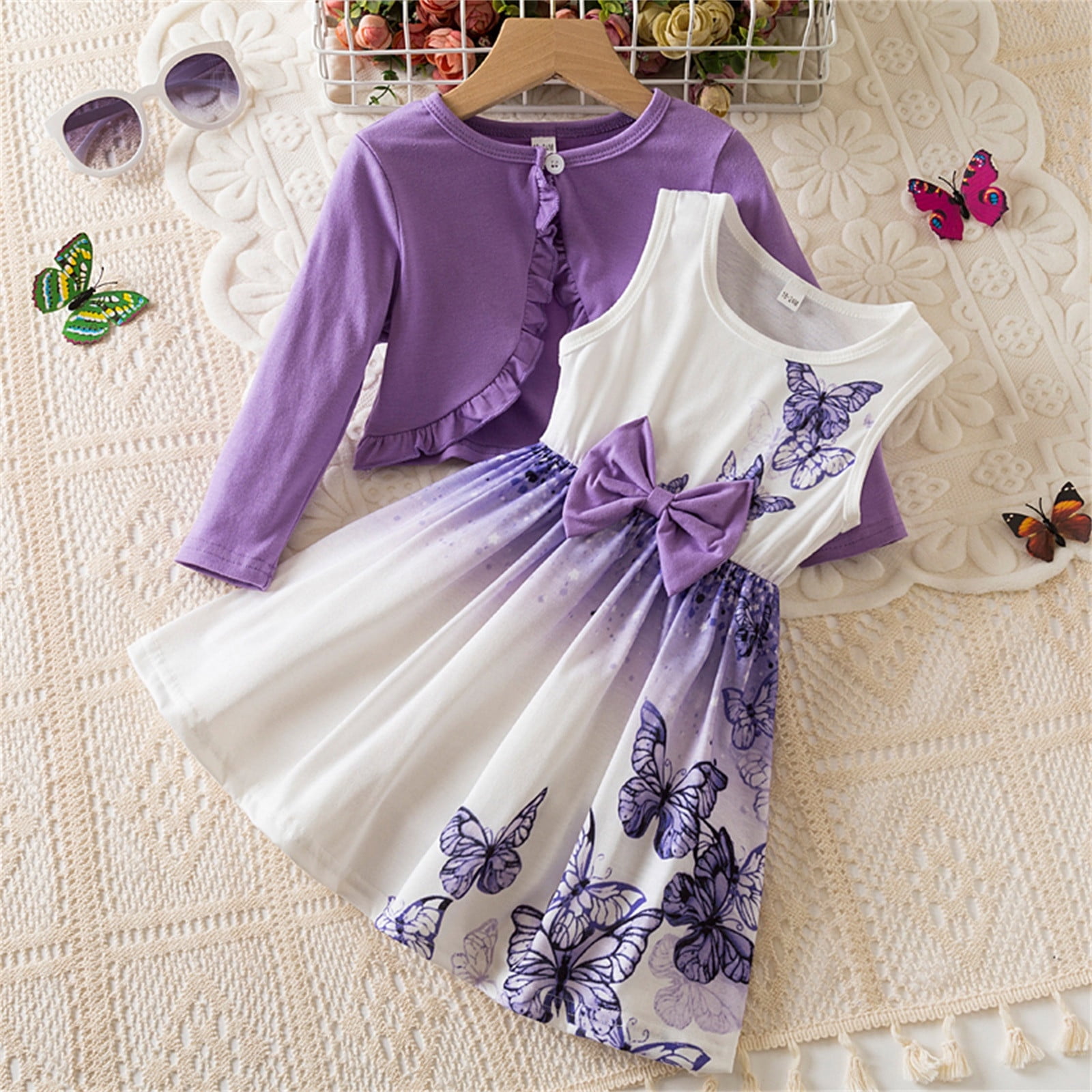 Placlothes Floral Purple Cute Tops and Skirt Outfits for Little Girls ...