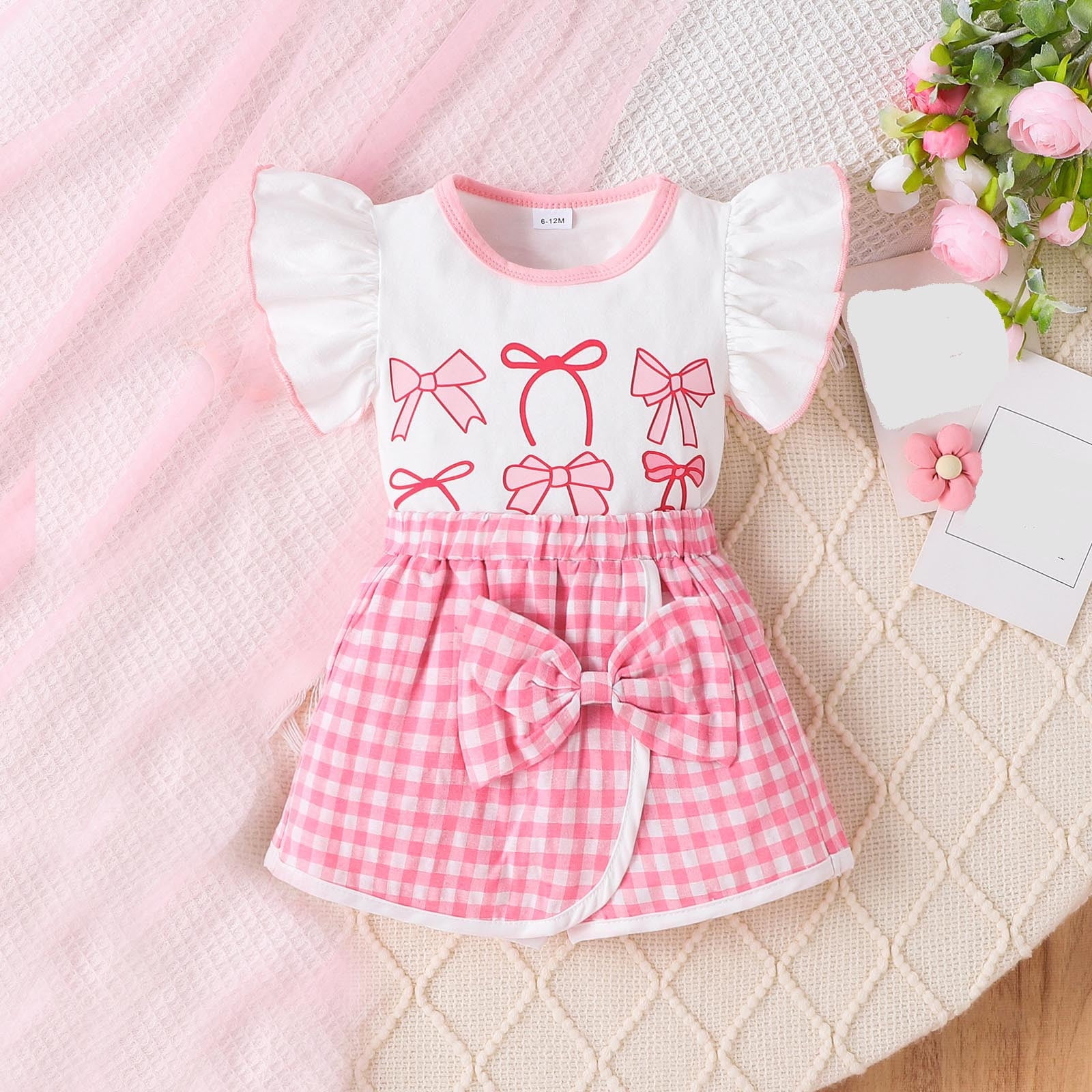 Placlothes Girls Pink Floral Short Sleeve Shirt Tops with Bow Two Piece ...