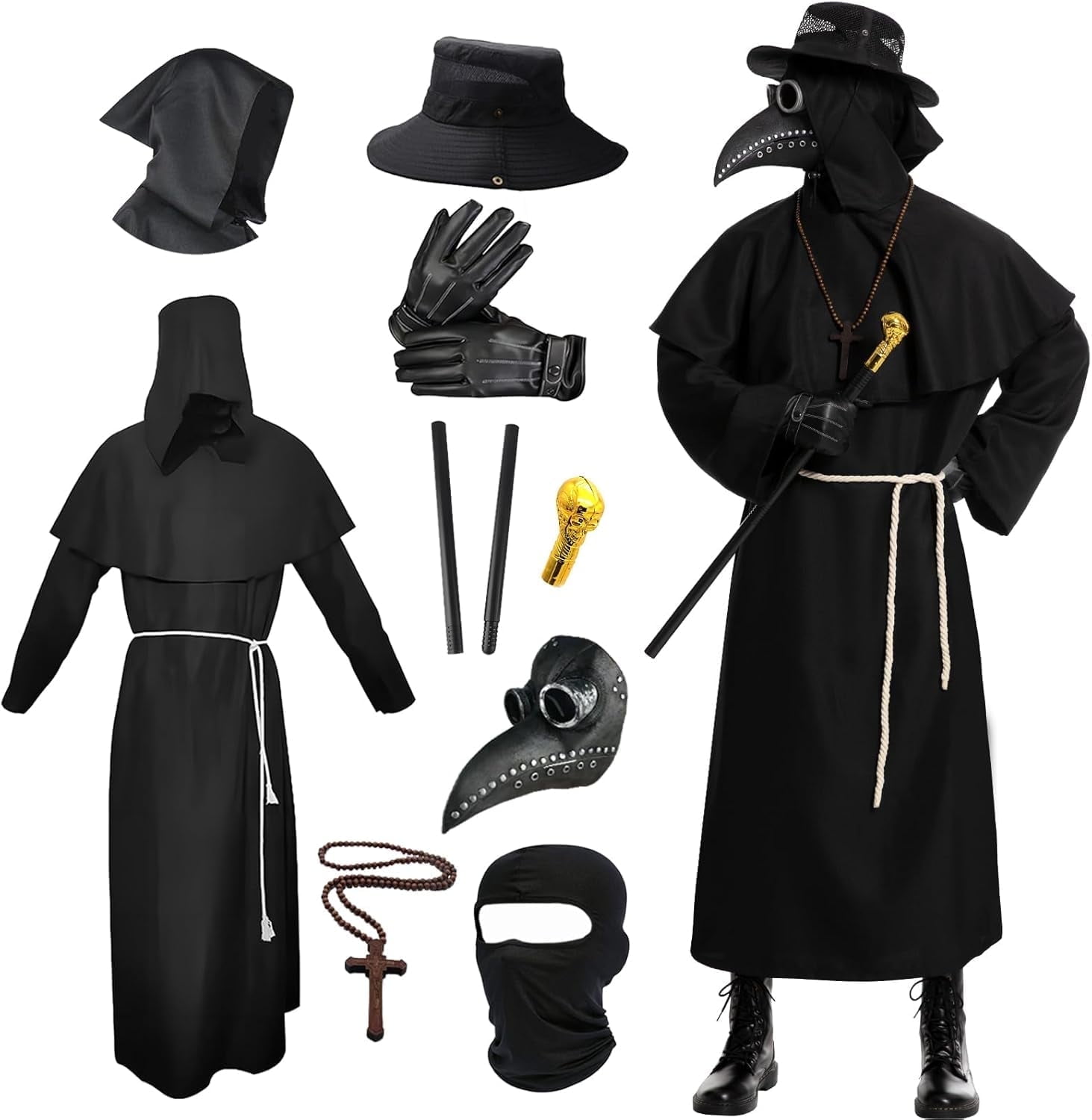 Plague Doctor Costume for Adult, 9 in 1 Halloween Costumes with Mask ...