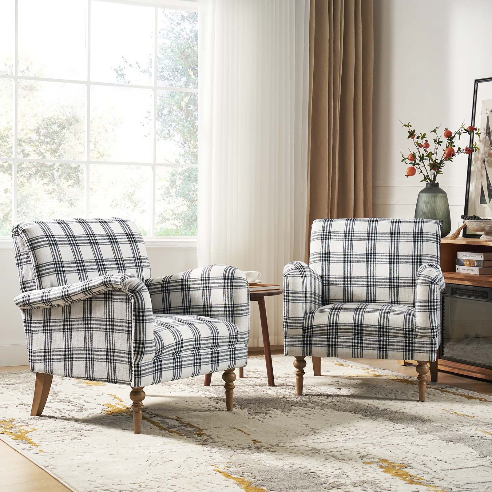 Plaid Accent Chair Set of 2, Wooden Legs Upholstered Armchair Lounge ...