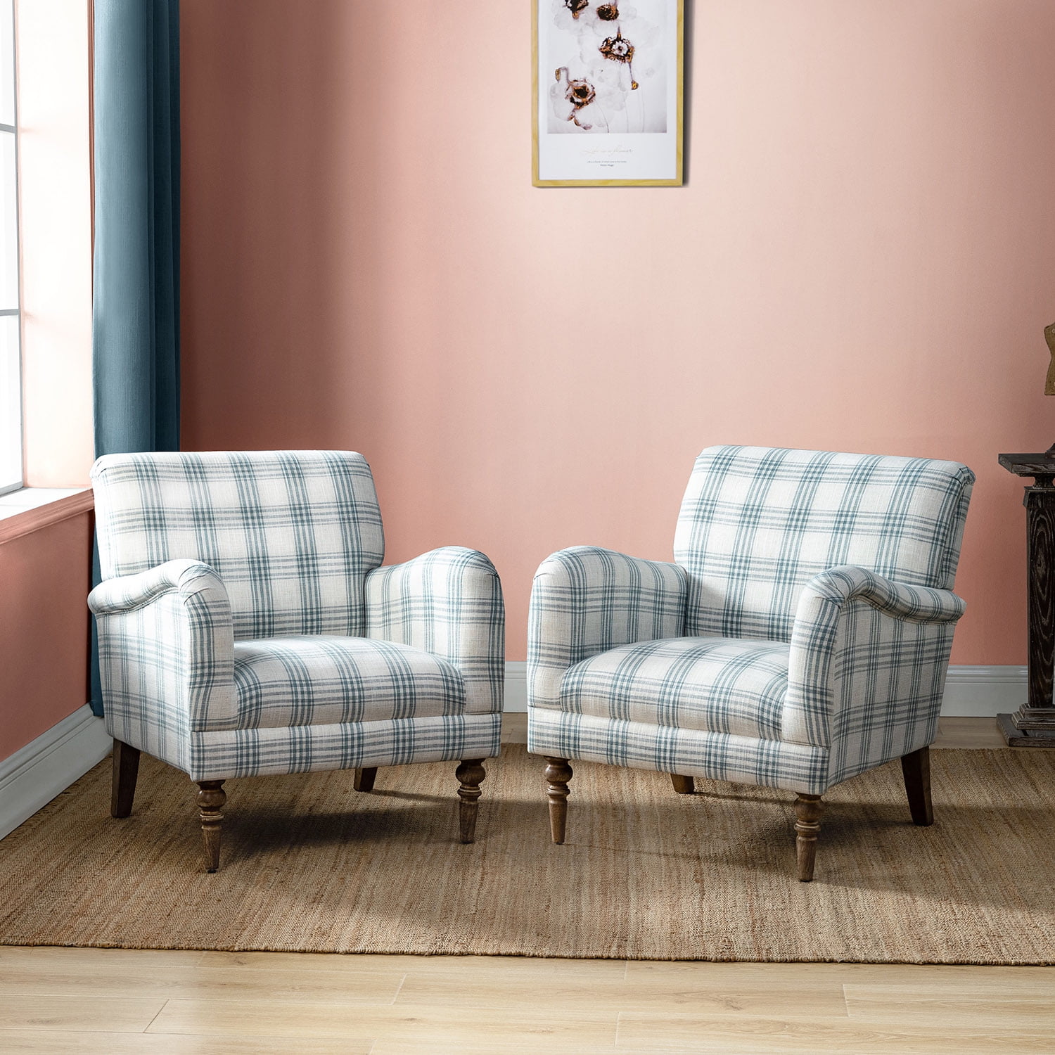 Plaid Accent Chair Set of 2, Wooden Legs Upholstered Armchair Lounge ...