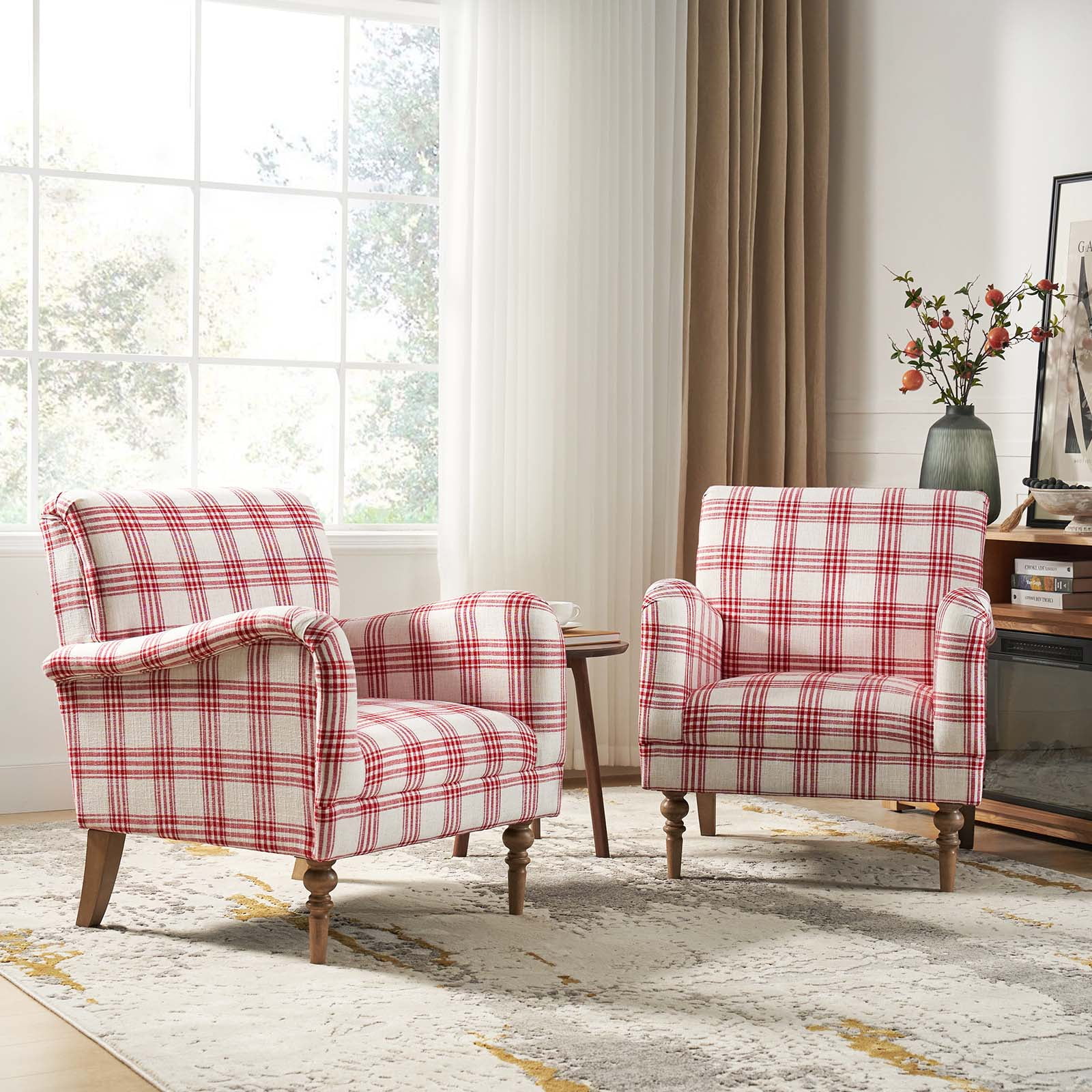 Modern Fabric Plaid Accent Armchair Set of 2, Wooden Legs Upholstered ...