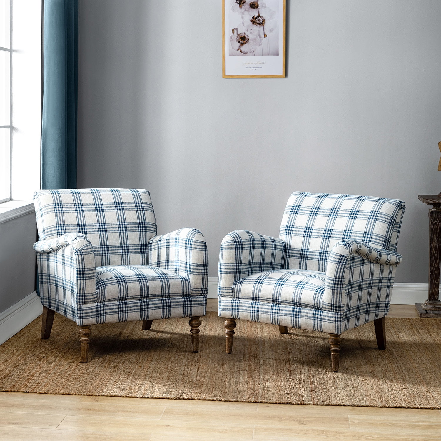 Plaid Accent Chair Set of 2, Wooden Legs Upholstered Armchair Sofa Home ...