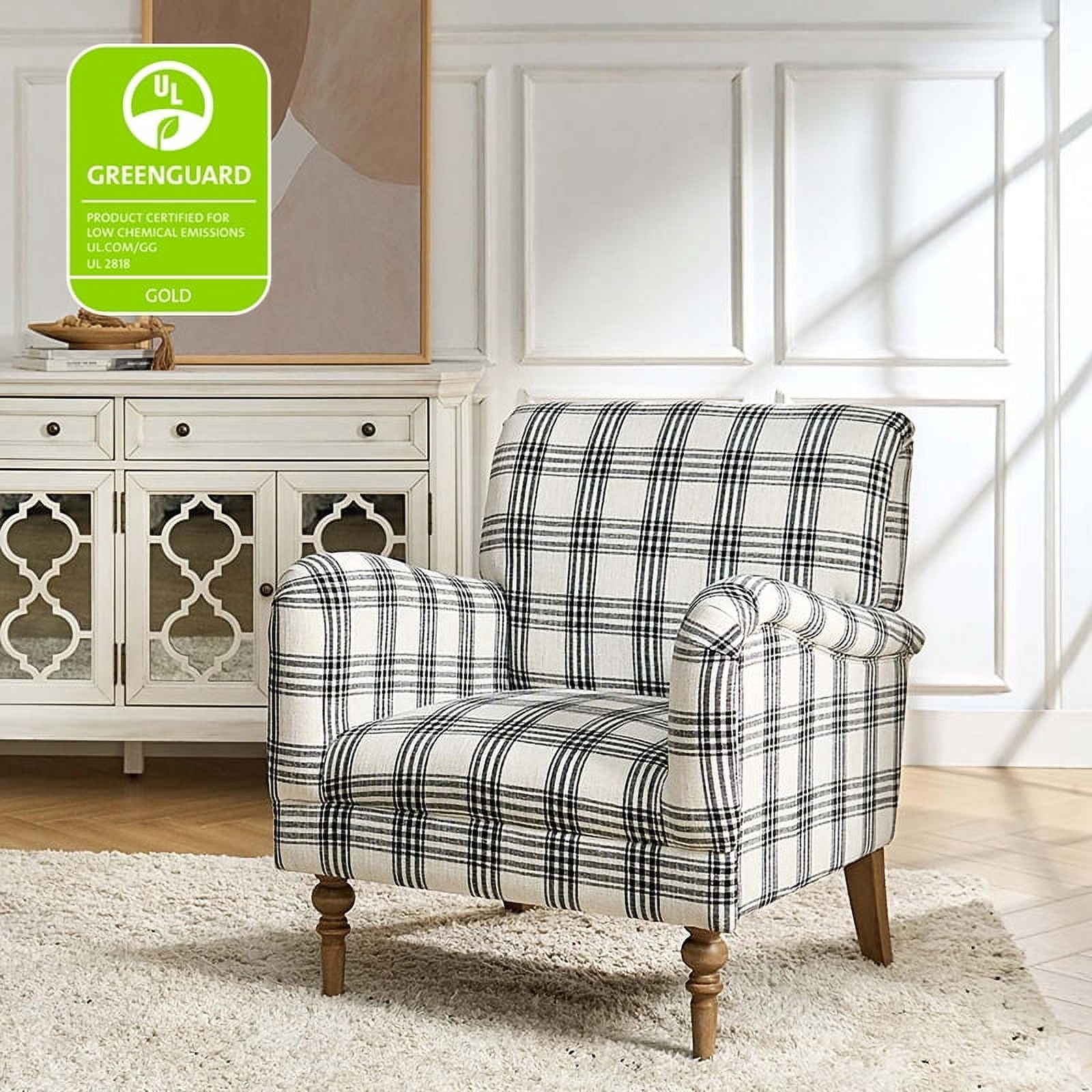 Modern Plaid Accent Chair Upholstered Black Armchair Adult Home Bedroom ...